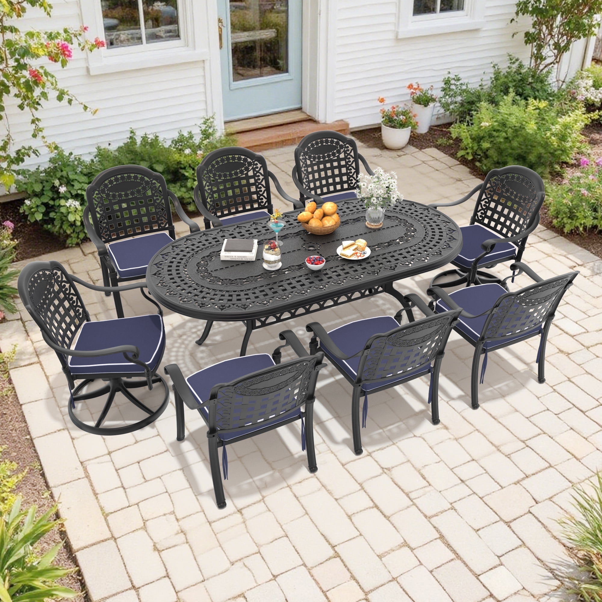 Hzzkey 8-Person Oval Cast Aluminum Patio Set with 2 Swivel Chairs,Blue ...