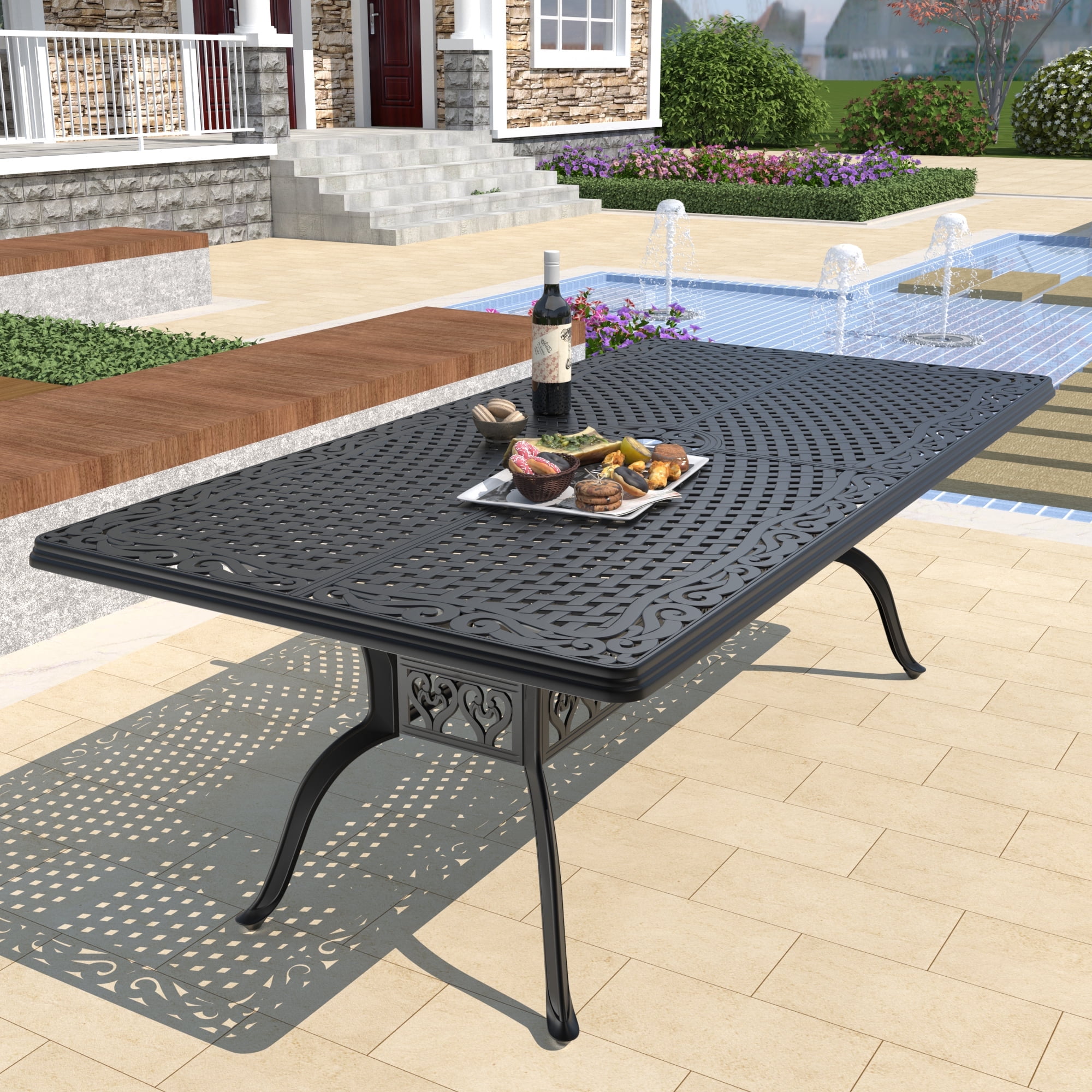 Hzzkey 83" L x 41.34" W Rectangular Black Cast Aluminum Patio Dining Table with 1.88" Umbrella ...