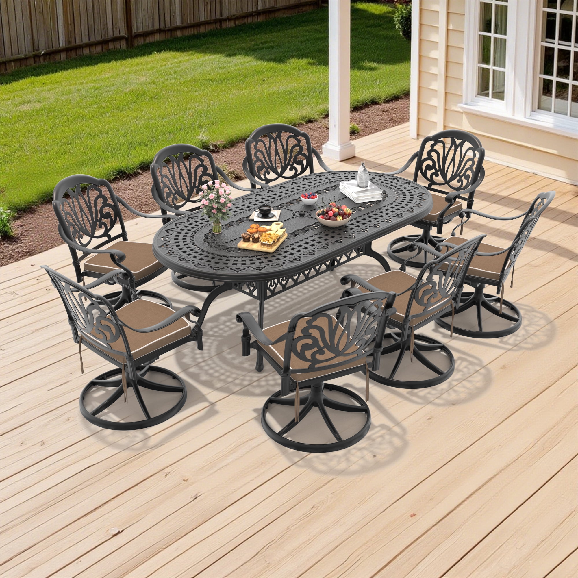 Hzzkey 9-Piece Oval Cast Aluminum Patio Set with Swivel Chairs,Brown ...