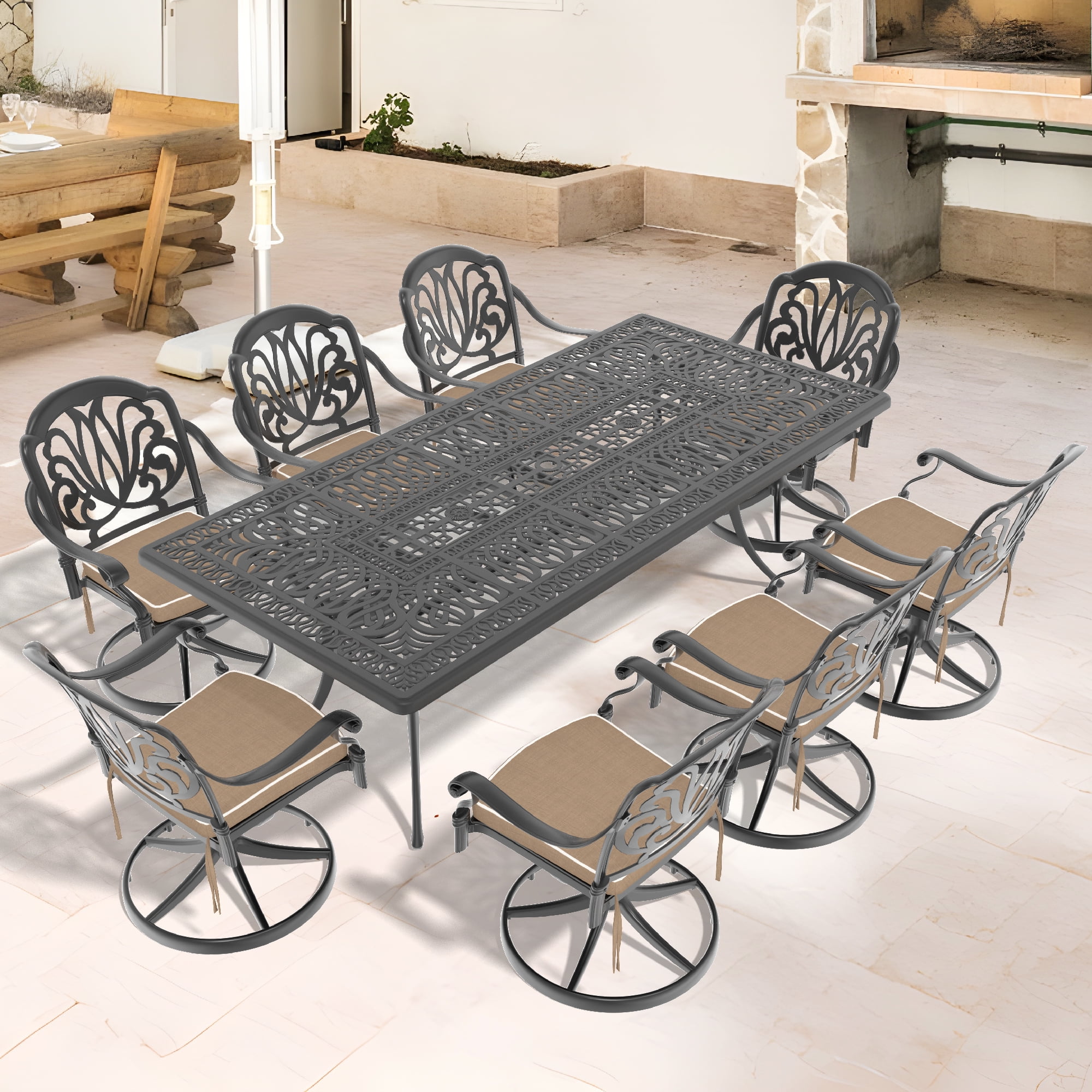 Hzzkey 9-Piece Rectangle Cast Aluminum Patio Set with Swivel Chairs ...