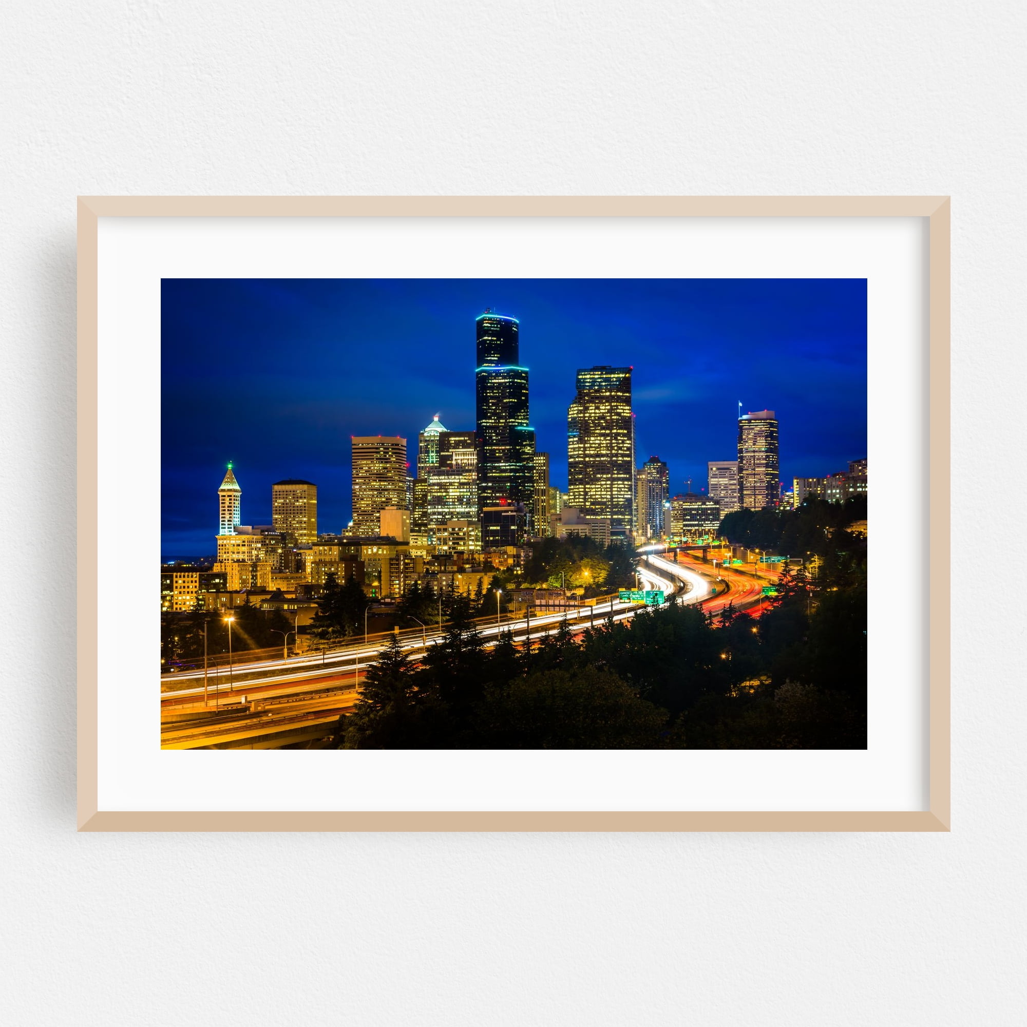 I-5 and the Seattle Skyline - Seattle Washington Photography Oak Framed Wall Art Print 24 x 36 ...