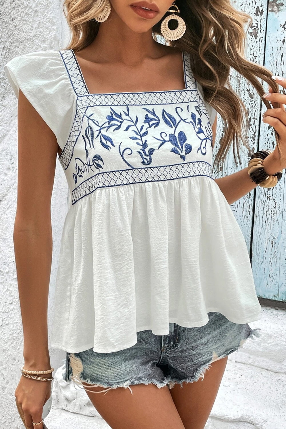 I AM A FASHION JUNKY White Embroidered Bust Square Neck Peplum Blouse ...
