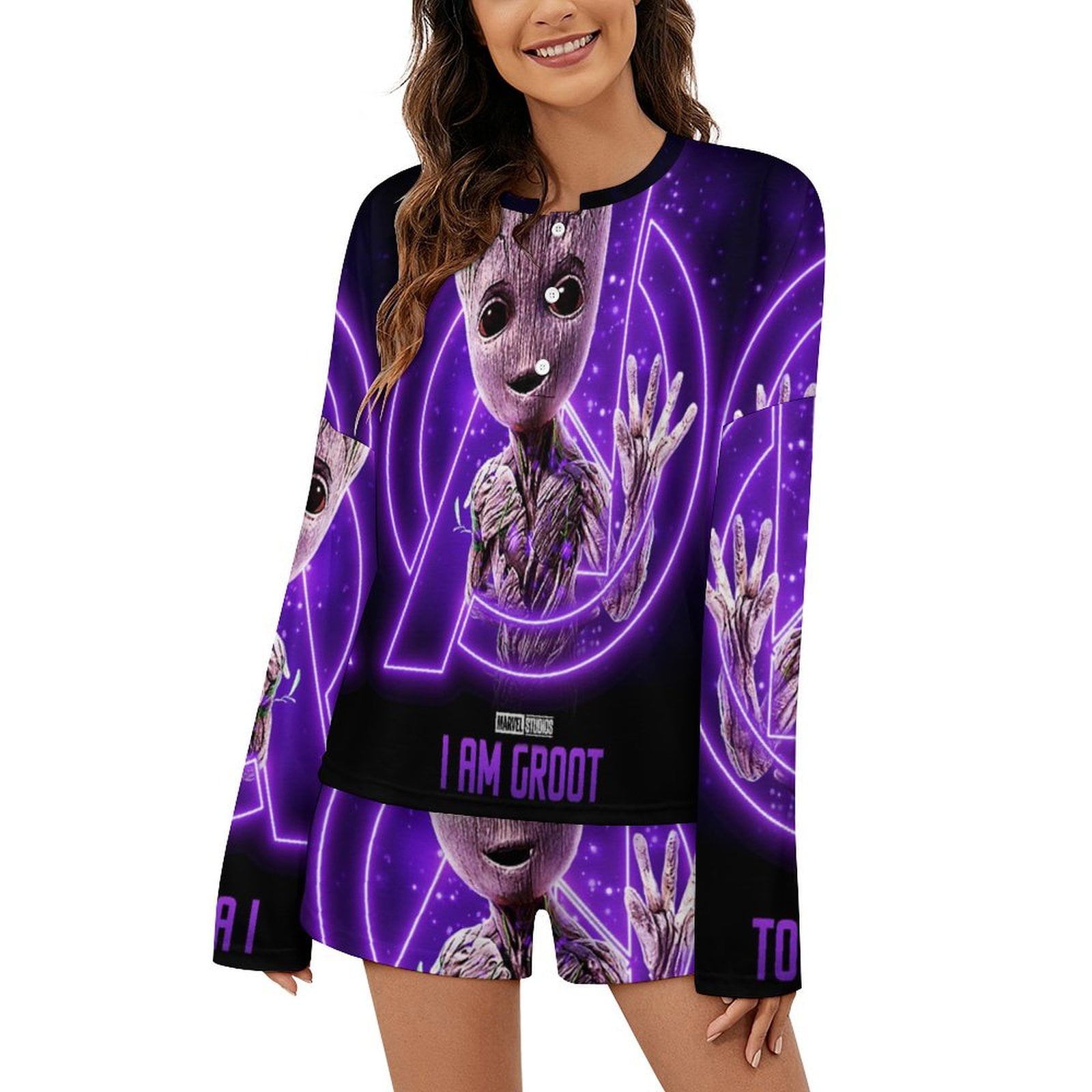 I Am Groot Womens Button Down Pajamas Set Long Sleeve Sleepwear ...