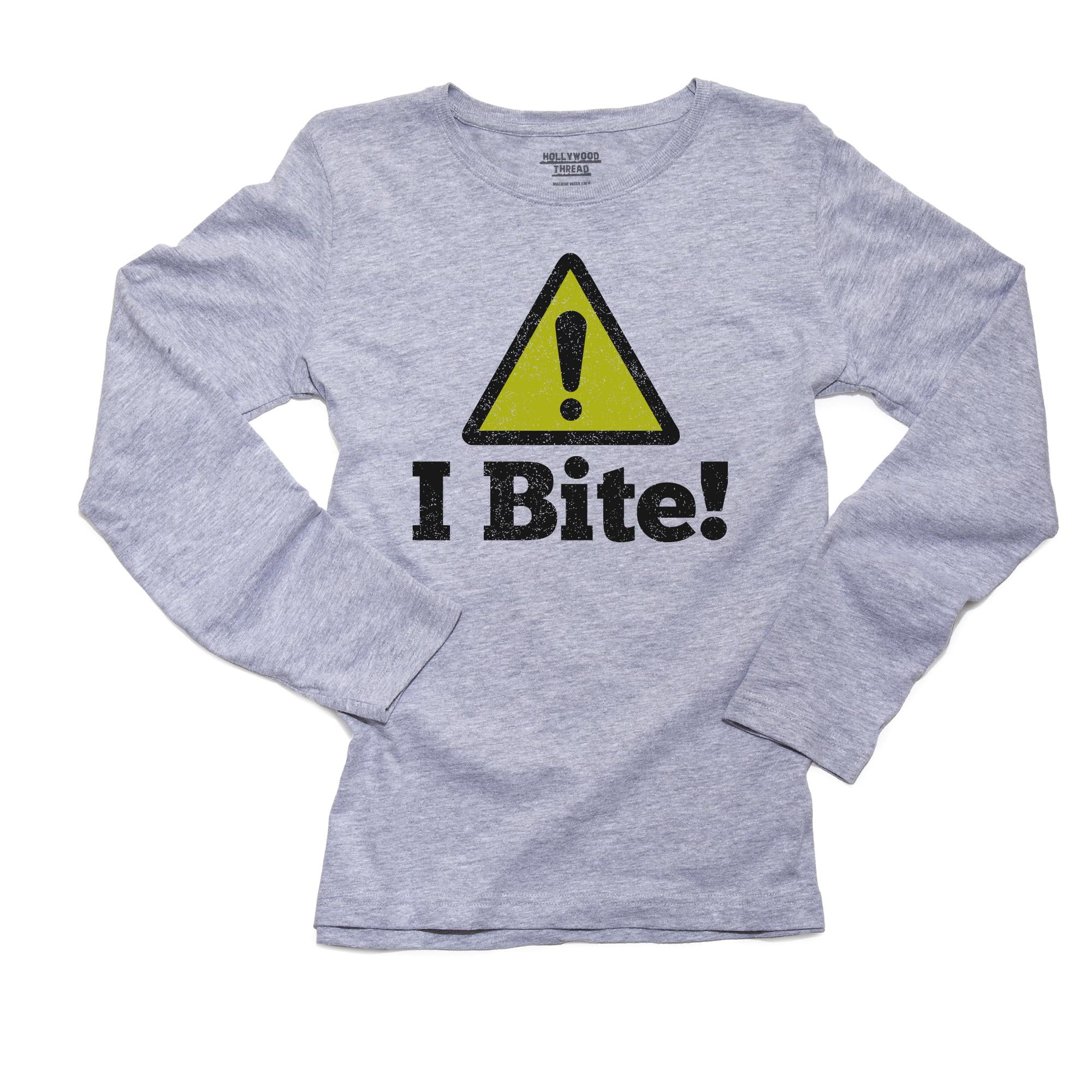 I Bite! - Cool Funny Yellow Warning Sign Women's Long Sleeve Grey T ...