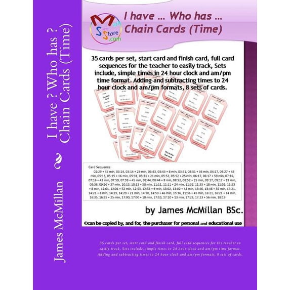 I Have ? Who Has ? Chain Cards (Time) : 35 Cards Per Set, Start Card ...