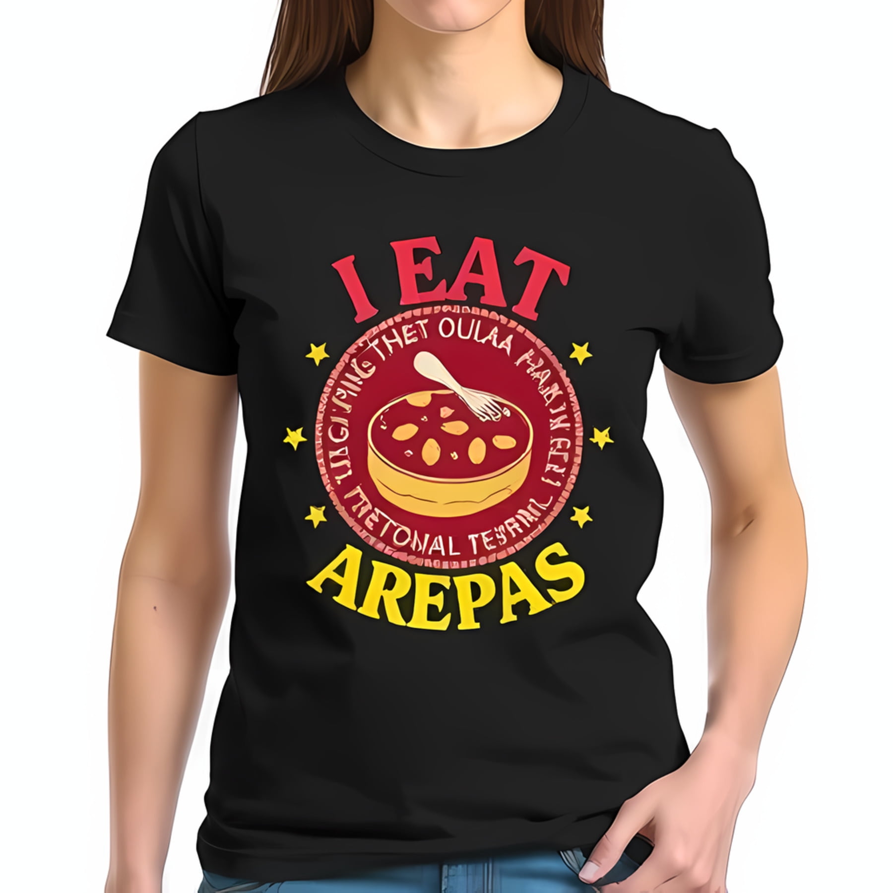 I EAT AREPAS Cotton Short Sleeve T-Shirt - Vibrant Yellow Text with Fun ...