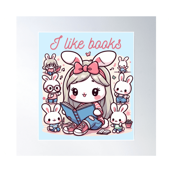 I Like Books Reading Bunny In Cartoon Style Poster Wall Art Modern Wall ...