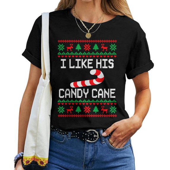 I Like His Candy Cane Couples Ugly Christmas Sweater Style Graphic Tee ...