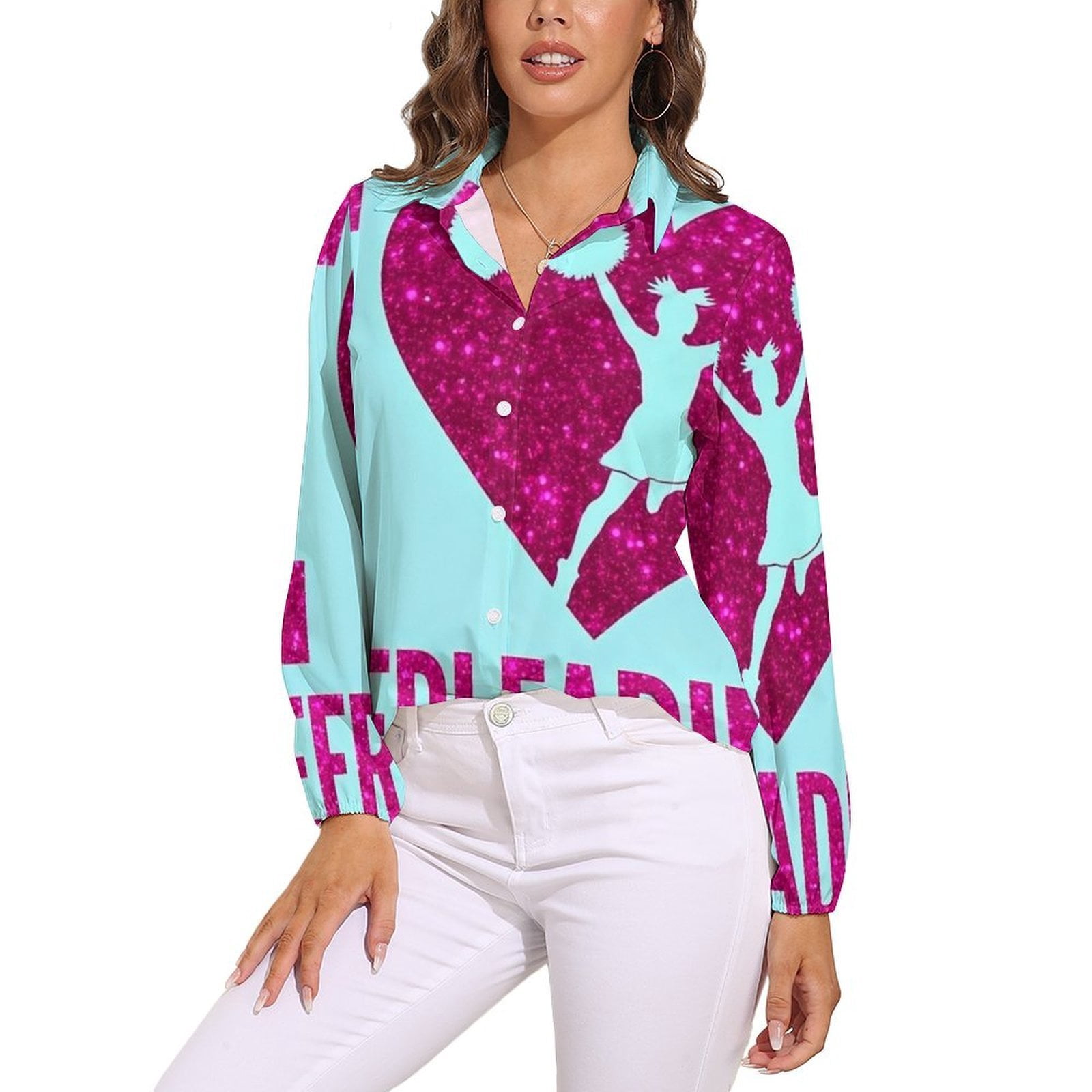 I Love Cheerleading Glitter-2 Vntage Casual Long Sleeve Shirt Blouse ...
