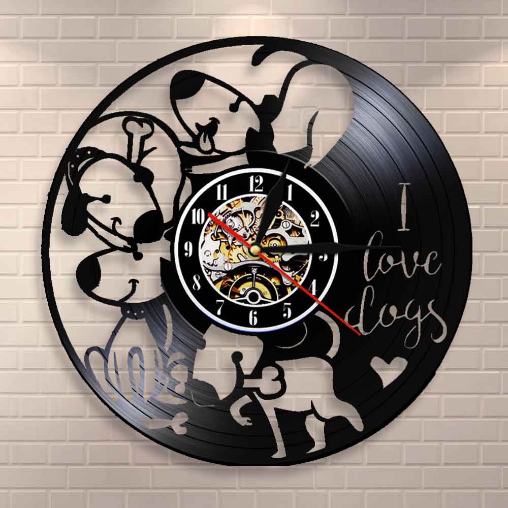 I Love Dogs Wall Clock Puppies Vinyl Record Clock Dog Pet Owner Doggy ...