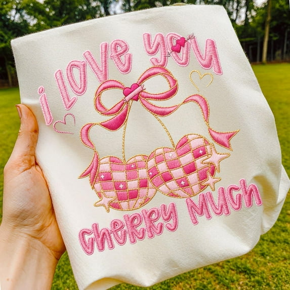 I Love You Cherry Much Embroidery | Cute Valentine's Day Graphic | Heart and Ribbon Design ...