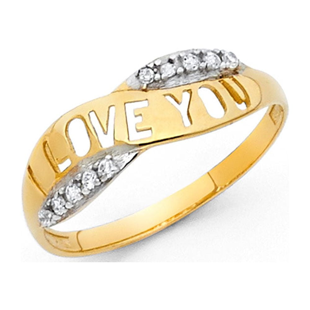 I Love You Ring Solid 14k Yellow Gold Love Band CZ Promise Ring Curve ...