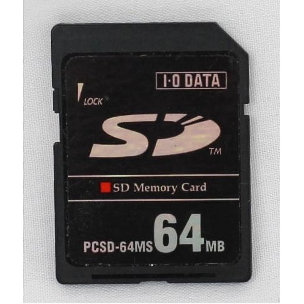 I/O Data PCSD-64MS/U 64MB SD Memory Card. Specifications 2.7~3.6v, 80ma (max) 32~104 degree F ...