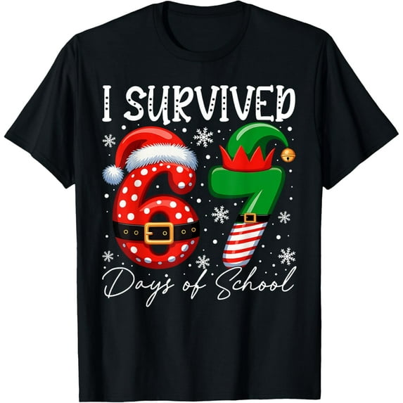 I Survived 67 Day of School Funny 67 Xmas Santa Elf Hat Meme T-Shirt ...