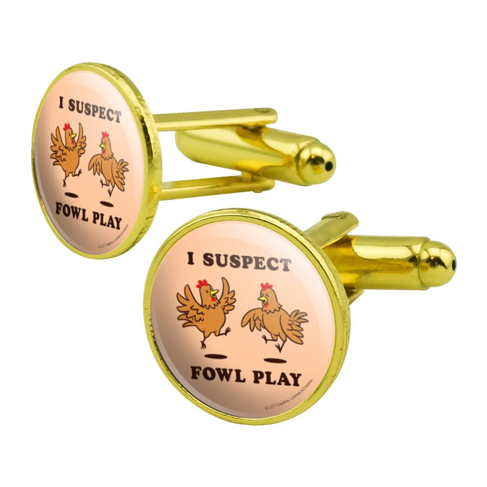 I Suspect Fowl Play Foul Chickens Funny Humor Round Cufflink Set Gold ...