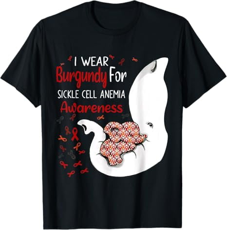 I Wear Burgundy For Sickle Cell Anemia Awareness Elephant T-Shirt ...