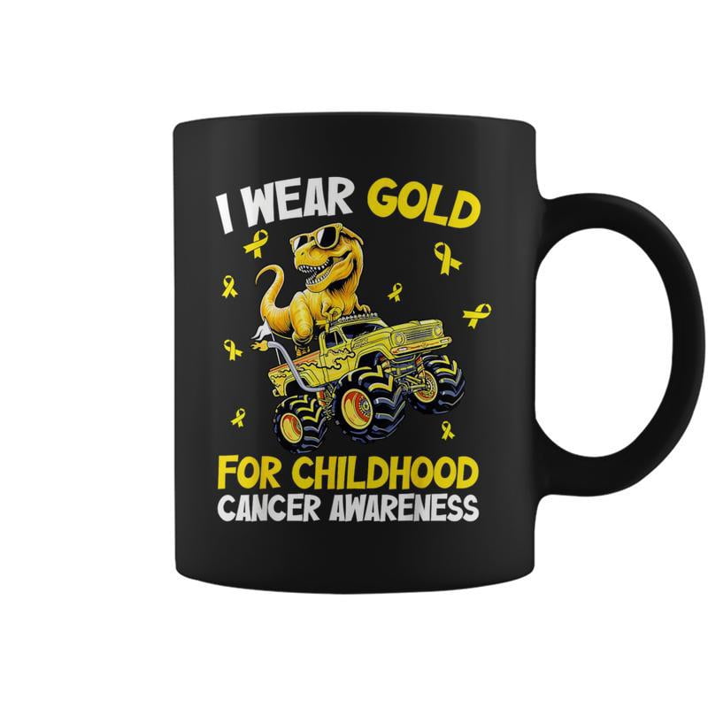 I Wear Gold For Childhood Cancer Awareness Dinosaur Boys Coffee Mugs ...