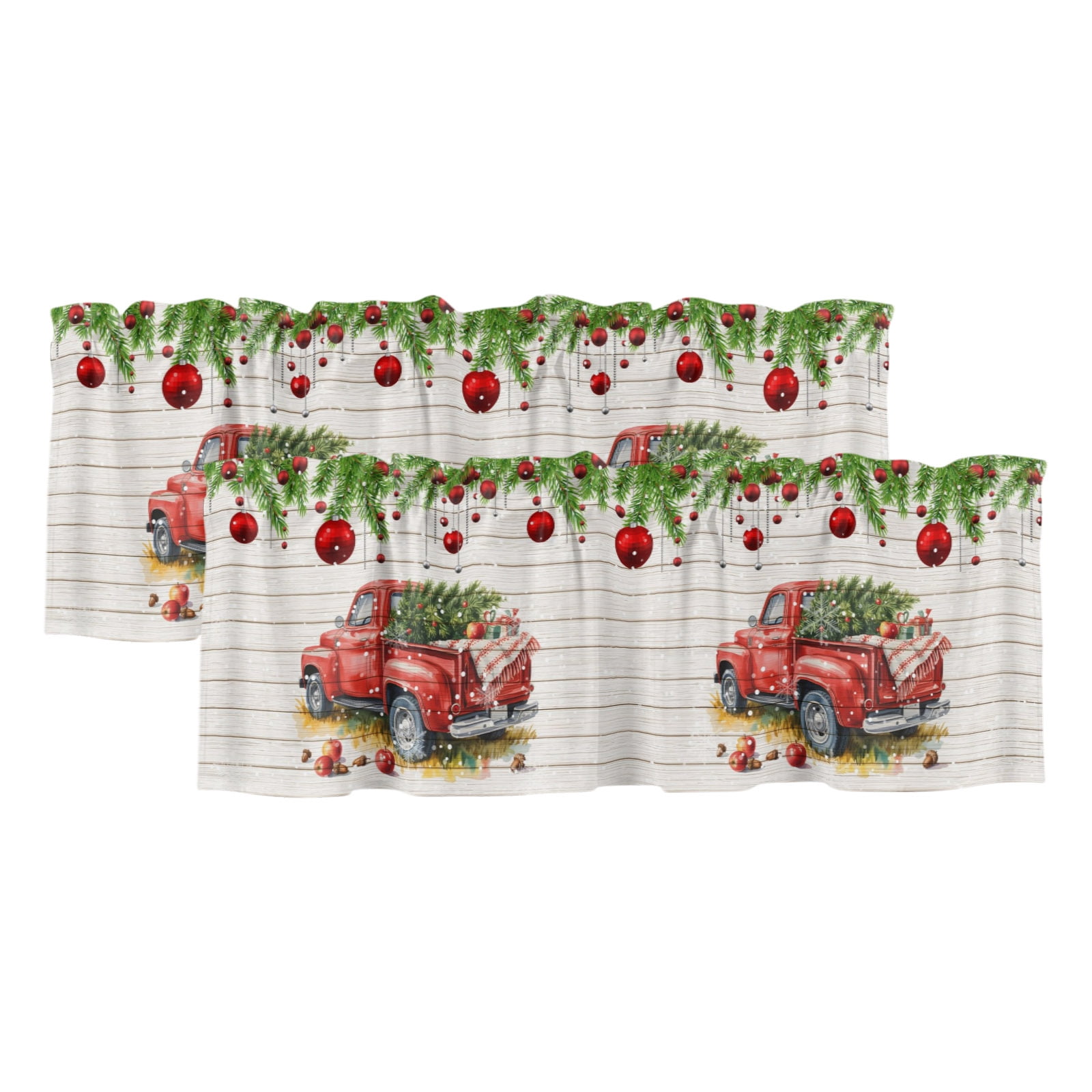 I Will Go Home For Christmas 2 Panels Kitchen Valance, Tree Truck Ball ...