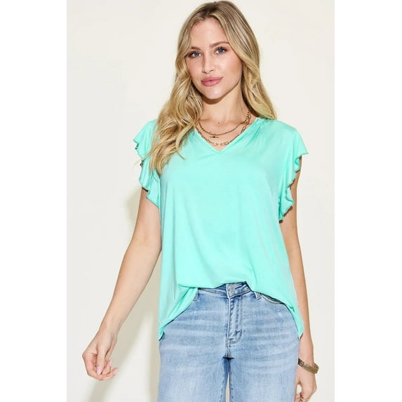 I am a Fashion Junky Full Size Bamboo Notched Ruffled Short Sleeve T ...