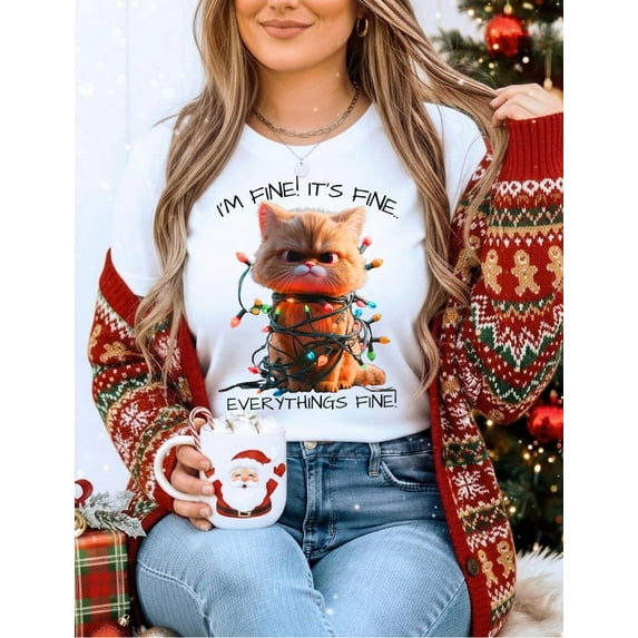 I'm Fine Cat Christmas lights Shirt | Funny Kitty Christmas Tshirt ...
