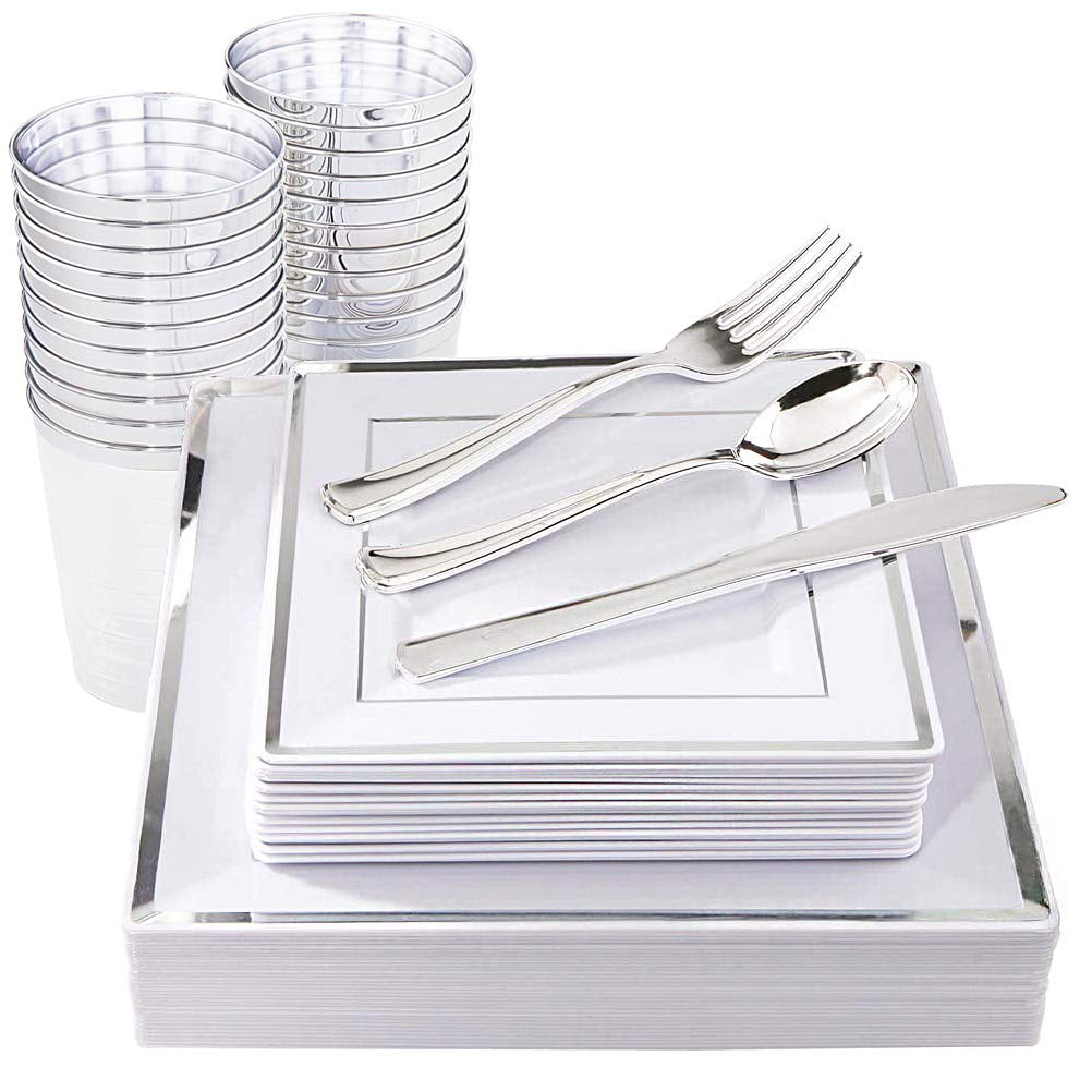 I00000 150 Pieces Silver Square Plates & Disposable Silverware ...