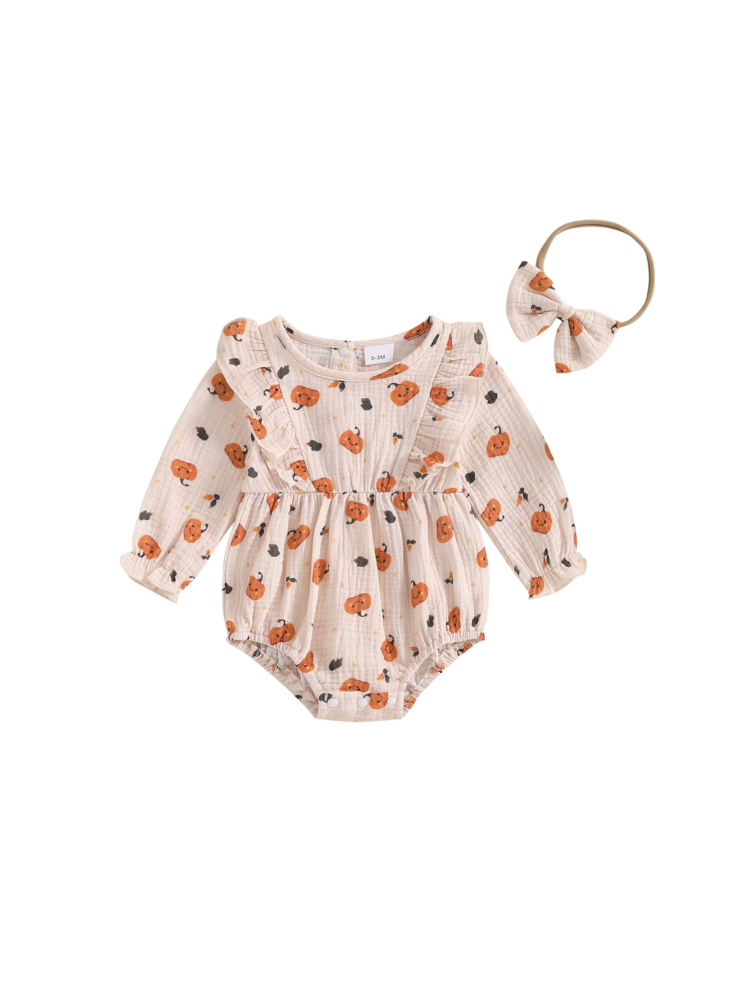 I3CKIZCE Baby Girls Halloween Romper Pumpkin Print Long Sleeve Jumpsuits and Cute Headband Set ...