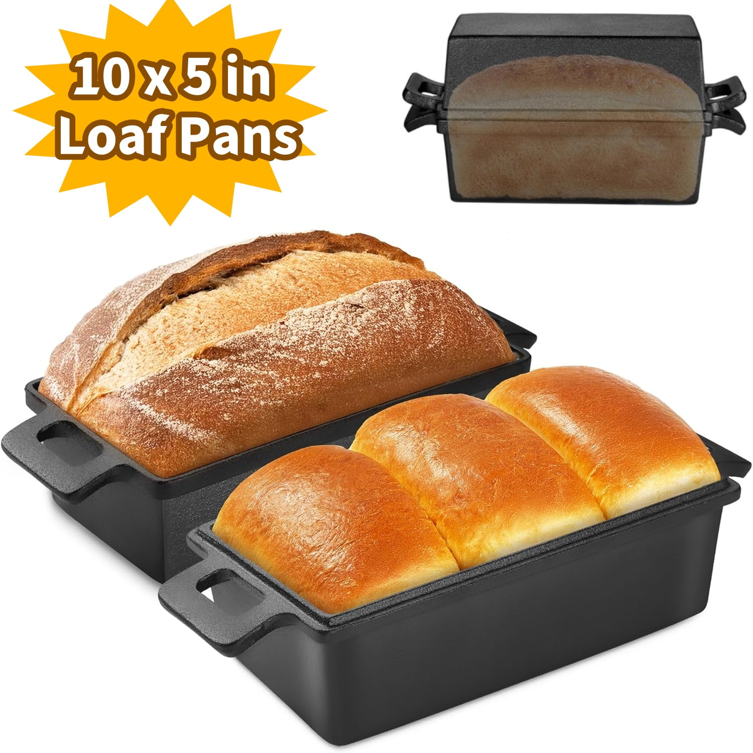 IAJXWI 10 × 5 Inch Cast Iron Bread Pan with Lid, 2 in 1 Loaf Pans for ...