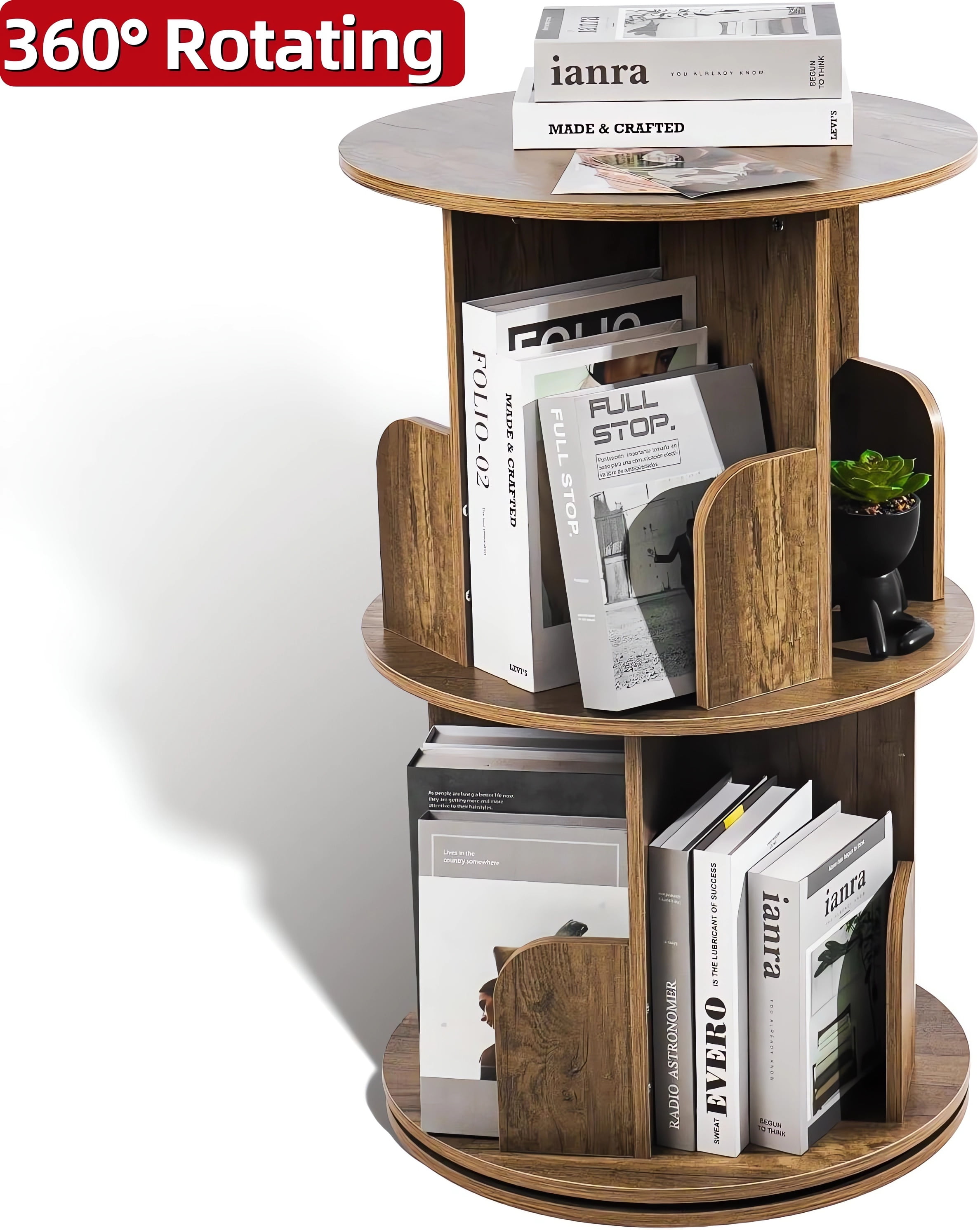 IAJXWI 2 Tier Rotating Bookshelf, 360° Revolving Bookcase, Circular ...