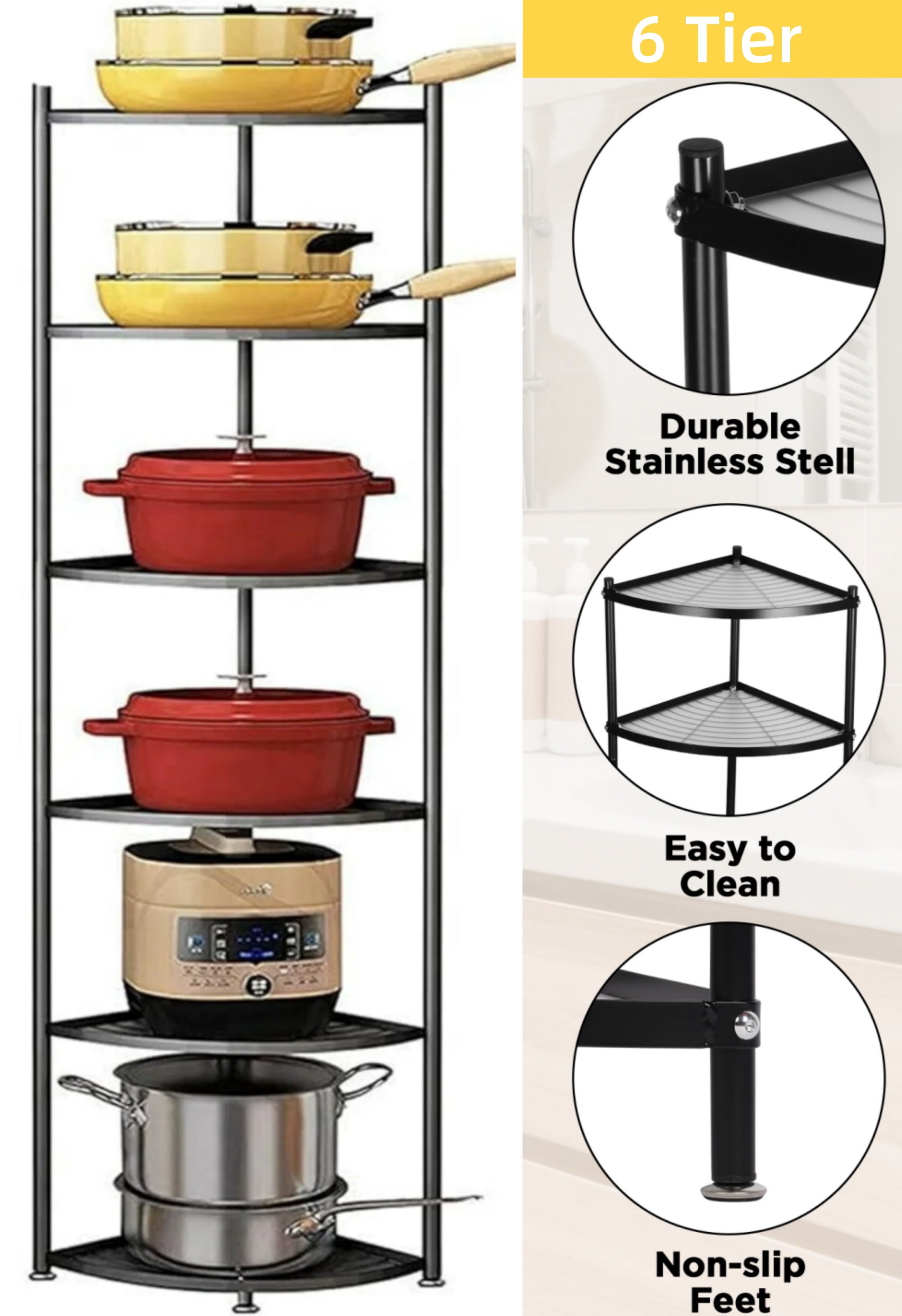 IAJXWI 6 Tier Corner Pot Rack, Kitchen Corner Shelf Cookware Stand, for ...