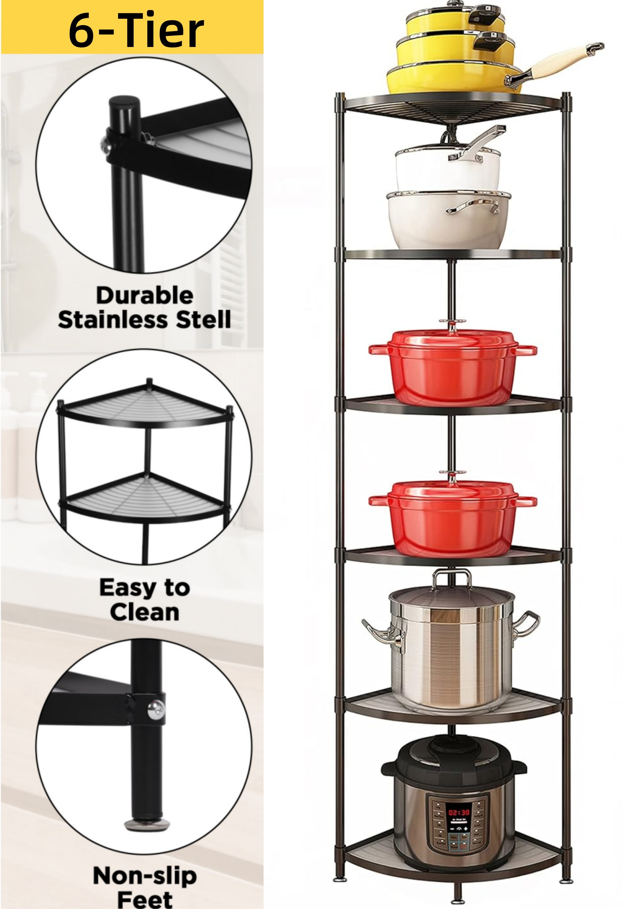 IAJXWI 6 Tier Corner Pot Rack, Kitchen Corner Shelf Cookware Stand, for ...