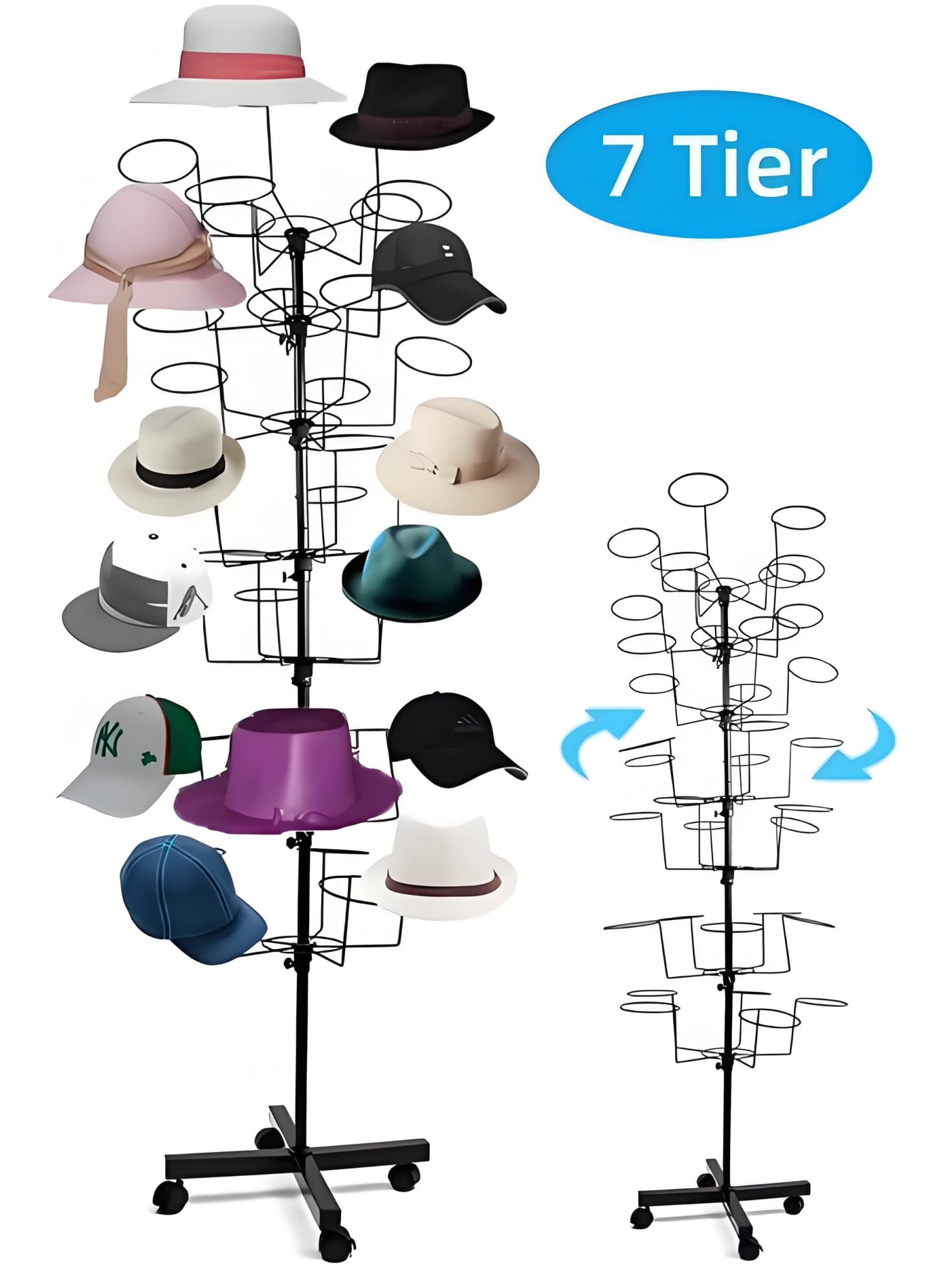 IAJXWI Modern 7-Tier Hat Rack, Rotating Cap Display Stand with 4 Wheels ...