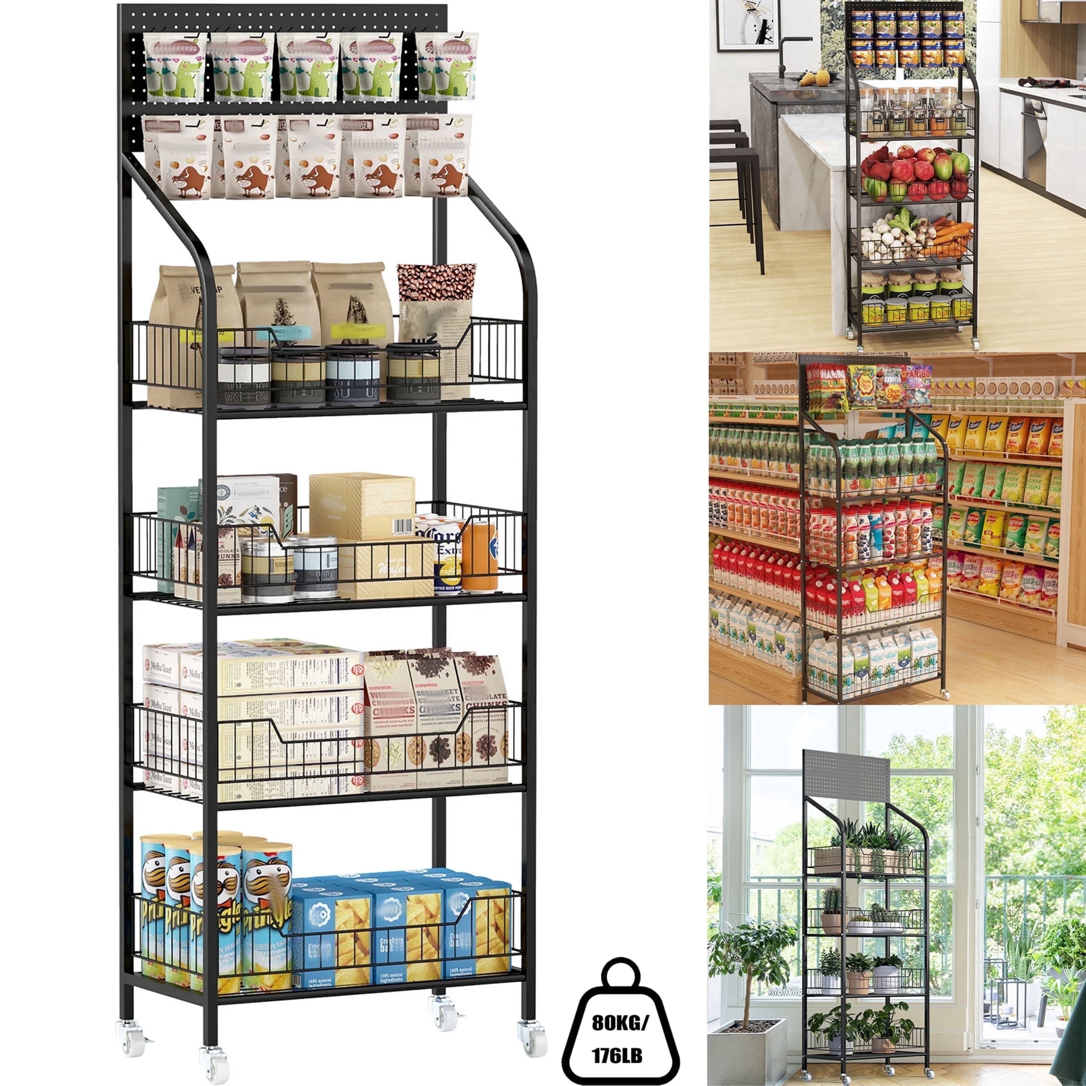 IAJXWI 4-Tier Snack Display Rack with Wheels, Retail Display Rack for ...