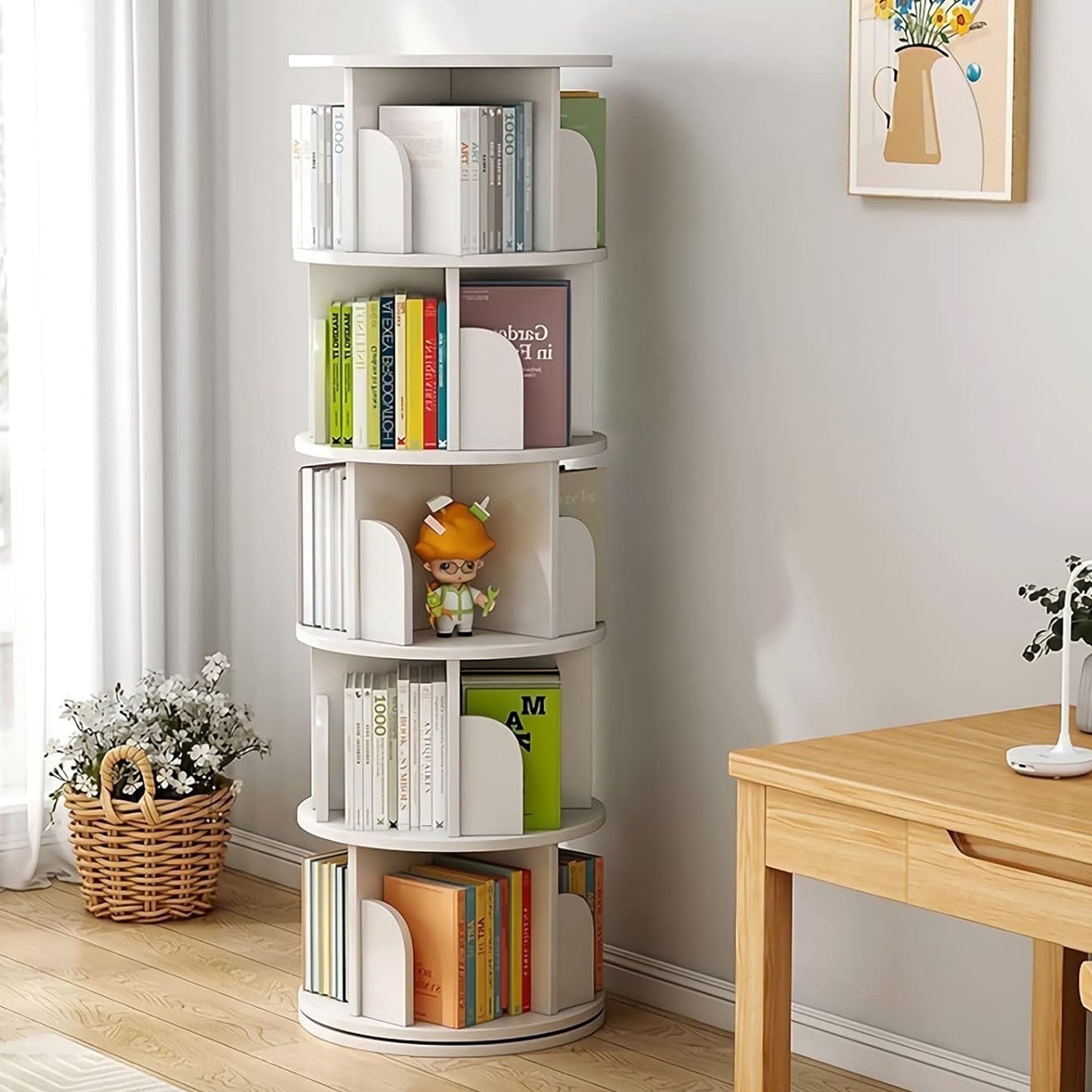 Uyoyous Rotating Tall Storage Bookshelf, 5 Tier 360 Degrees Corner ...
