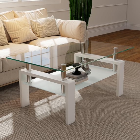 IANIYA Clear Glass Coffee Table Metal Tube (All-Black) (Modern, White ...