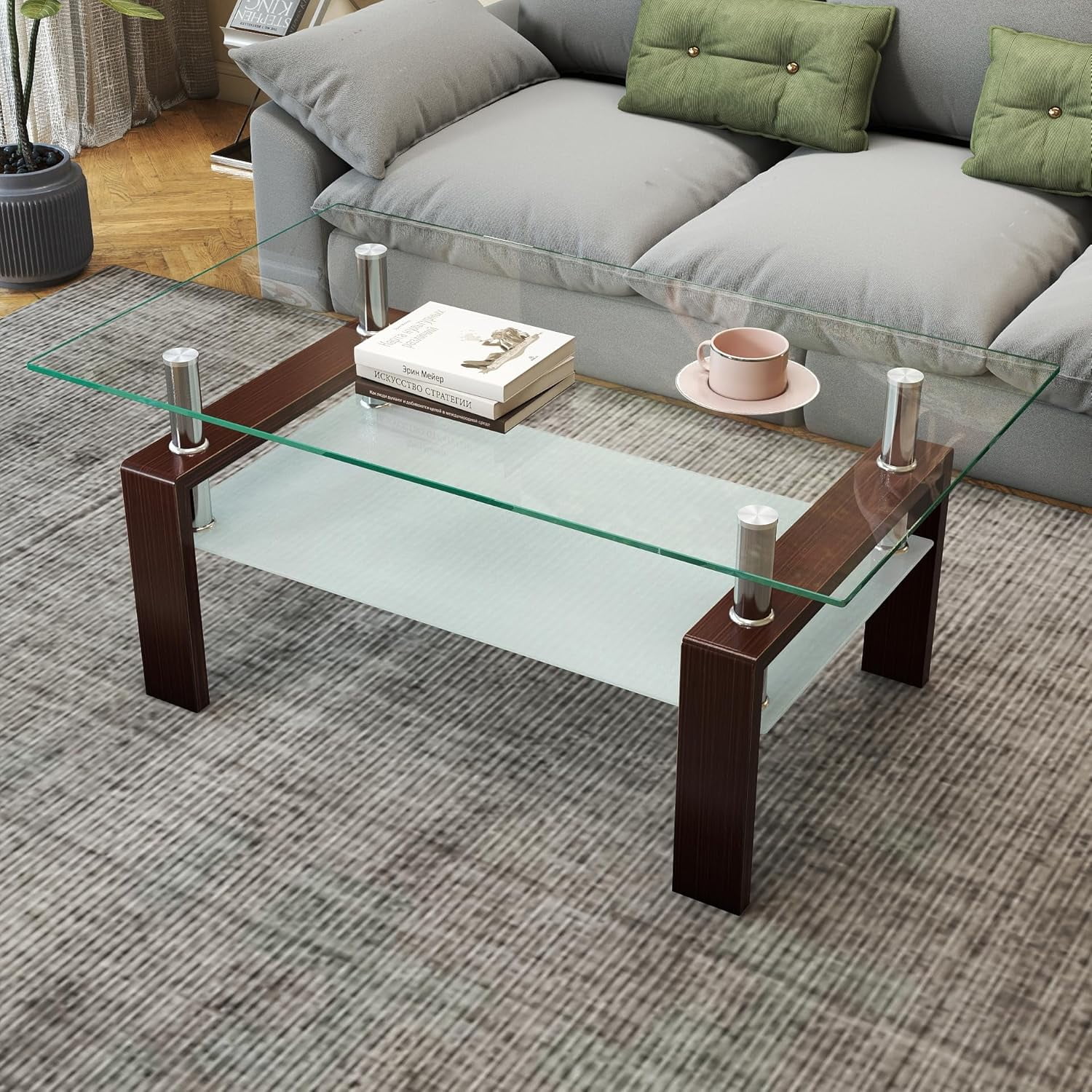 IANIYA Rectangle Glass Coffee Table, Modern Living Room Table with ...
