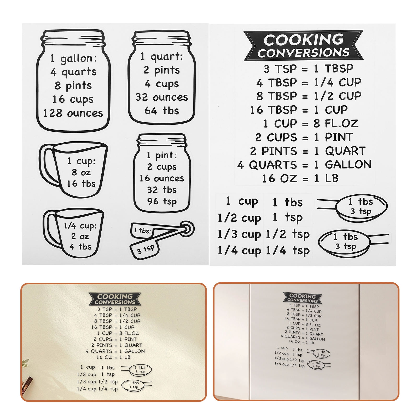 IBASETOY 2Pcs Kitchen Conversion Chart Sticker Black for Cooking Baking ...