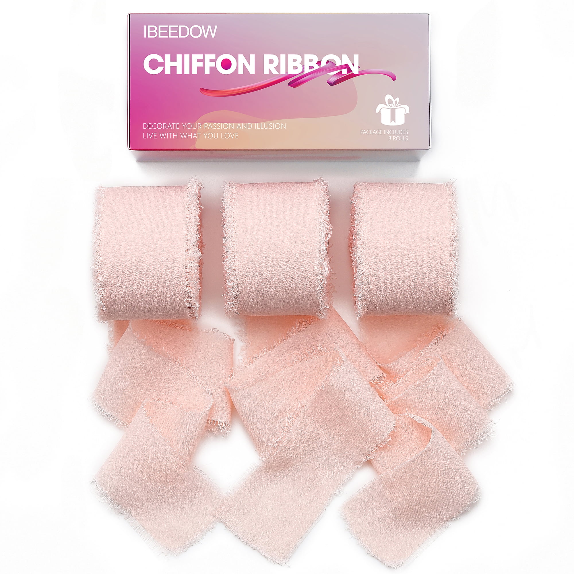 IBEEDOW 1.5" x 36Yd Beige Pink Chiffon Ribbon Set, 3 Rolls for DIY ...