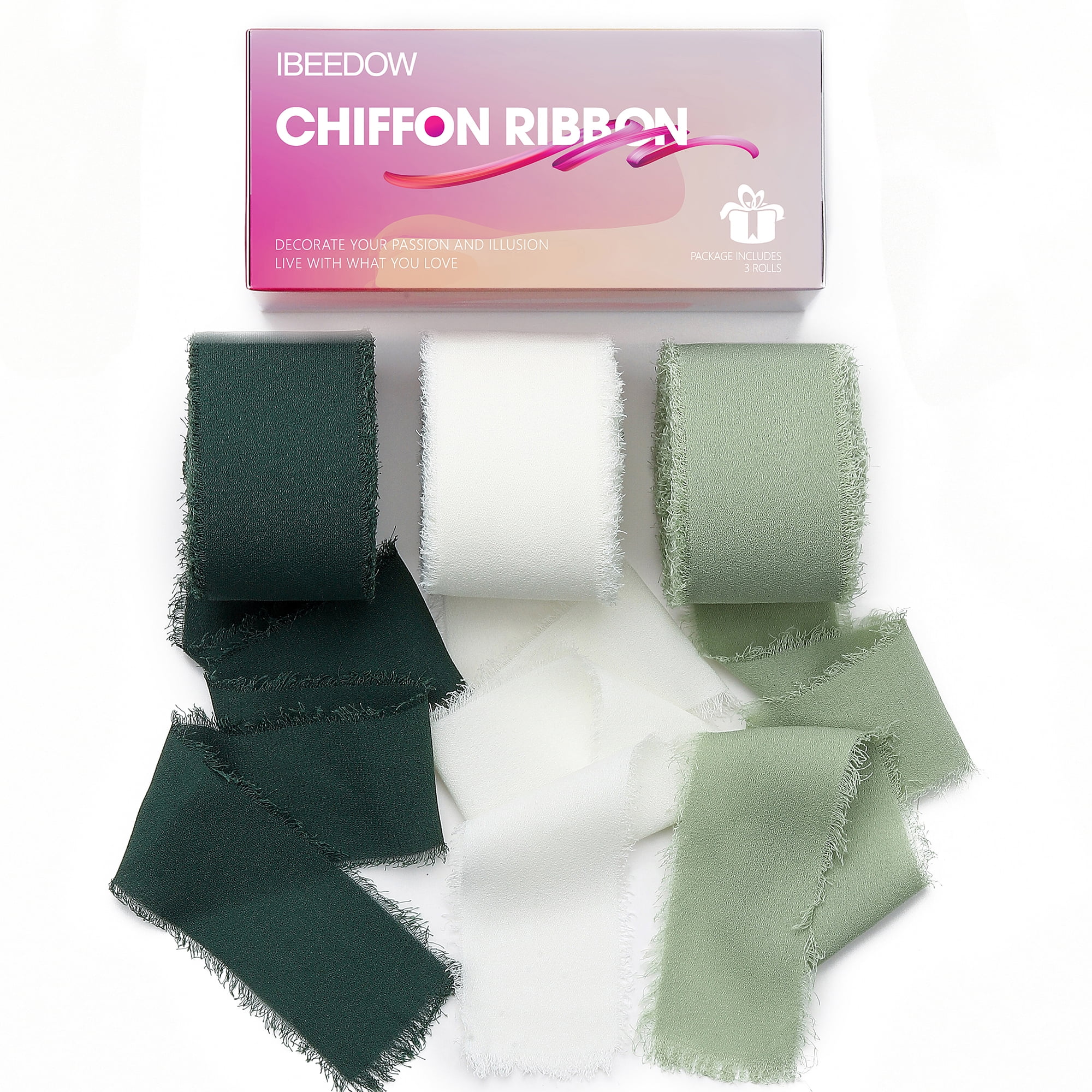 IBEEDOW 1.5" x 36Yd Cream & Green Chiffon Ribbon 3 Rolls Handmade ...