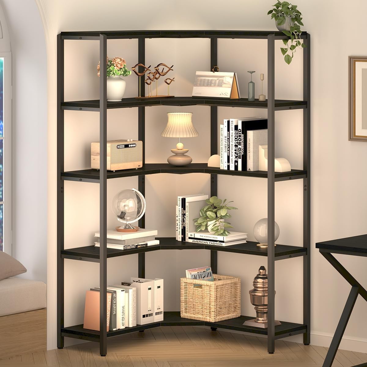 IBF 5 Tier Black Corner Bookshelf, Tall Modern L Shaped Book Shelf ...