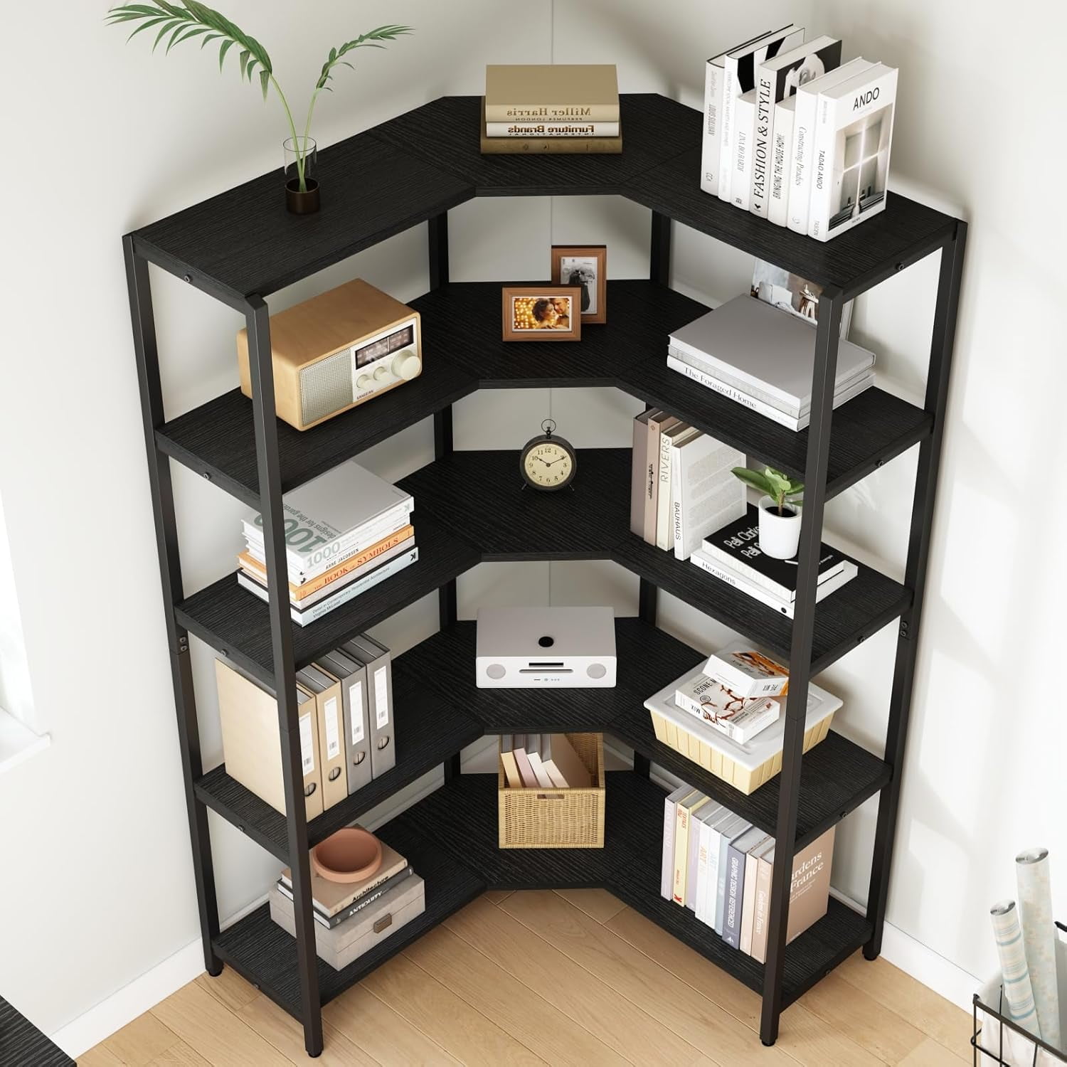 IBF 5 Tier Black Corner Bookshelf, Tall Modern L Shaped Book Shelf ...