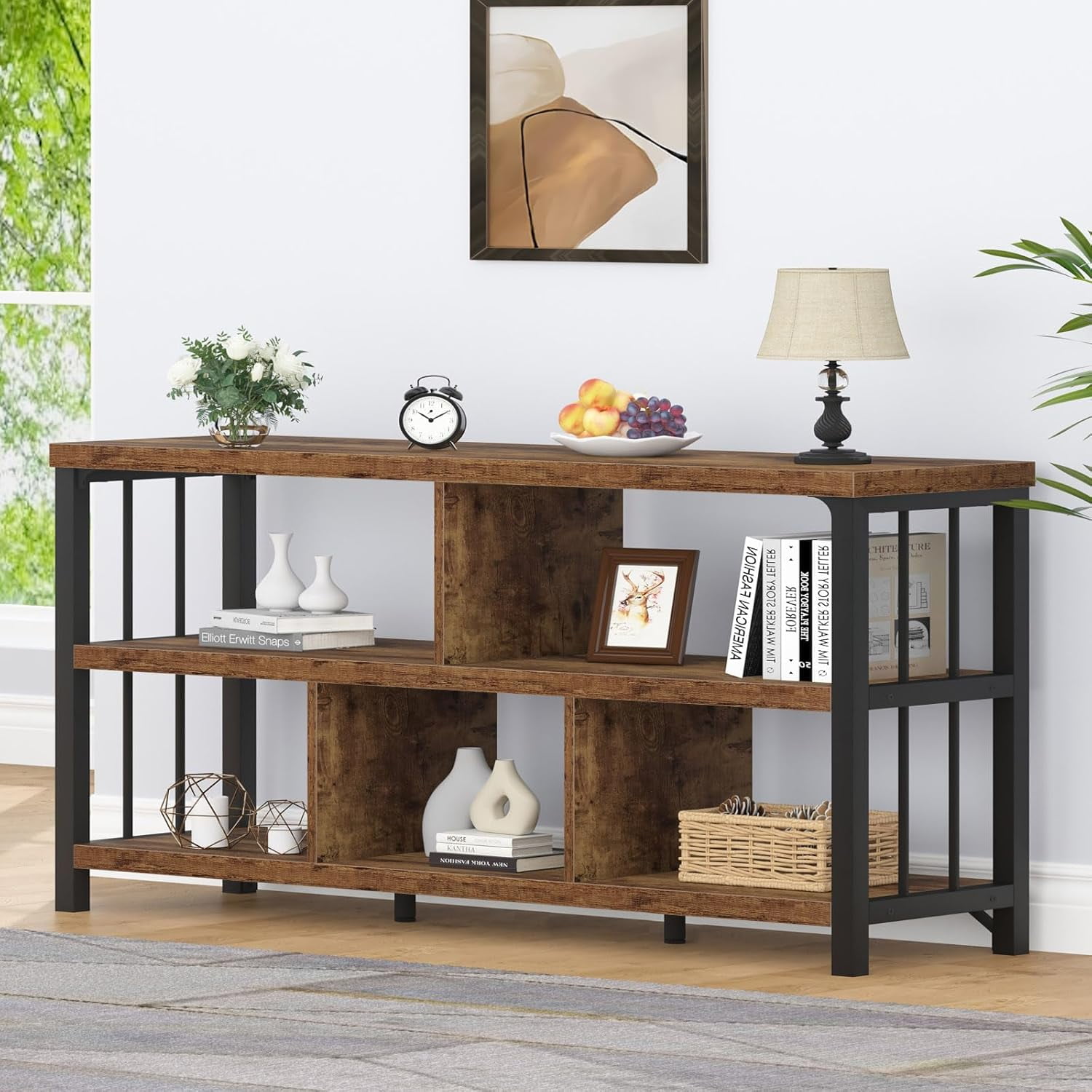 IBF Farmhouse 3 Tier Open Book Shelf, Wood and Metal 5 Cube Storage ...