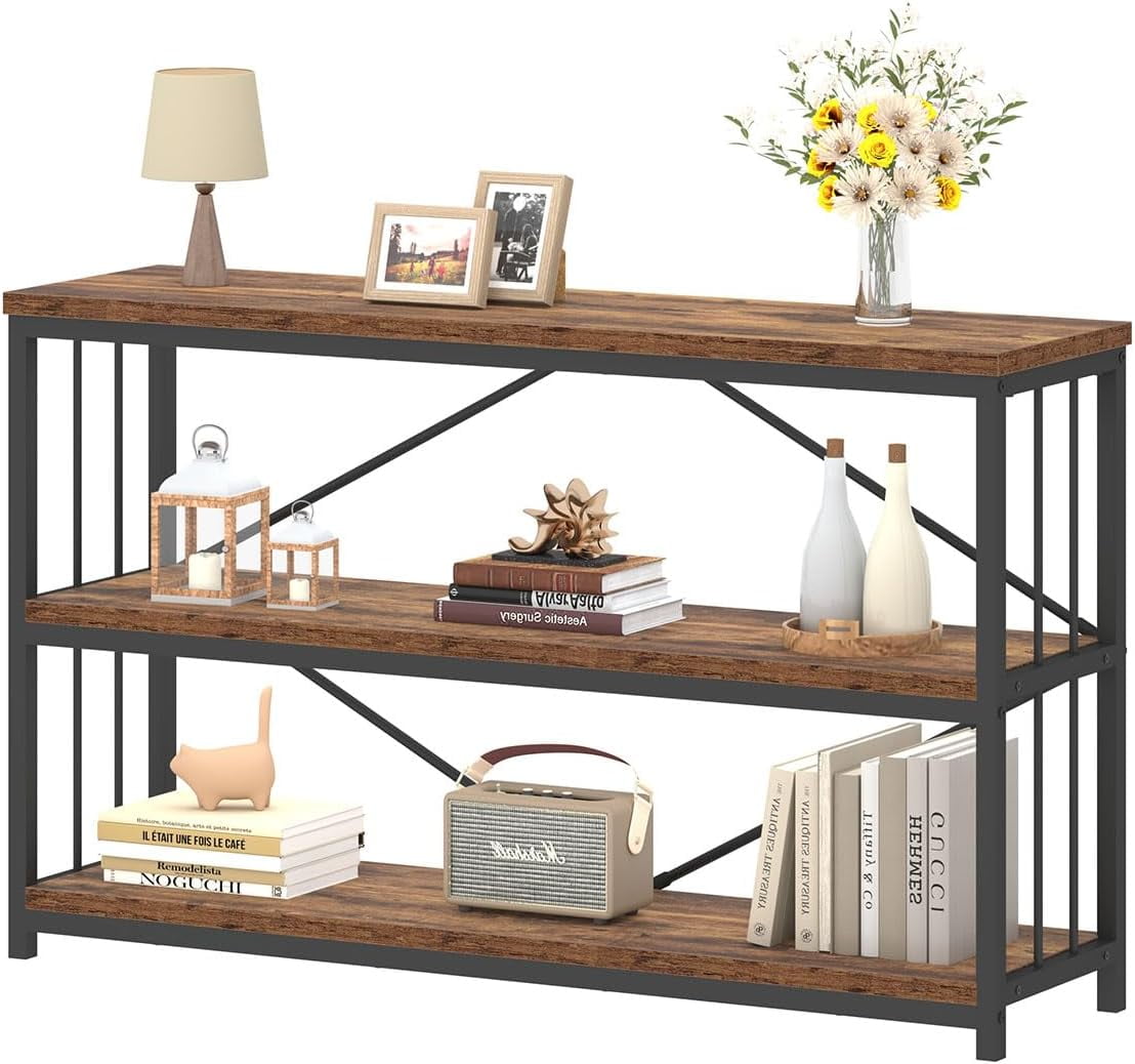 IBF Farmhouse Low 3 Tier Bookshelf, Industrial Rustic Horizontal Wood ...