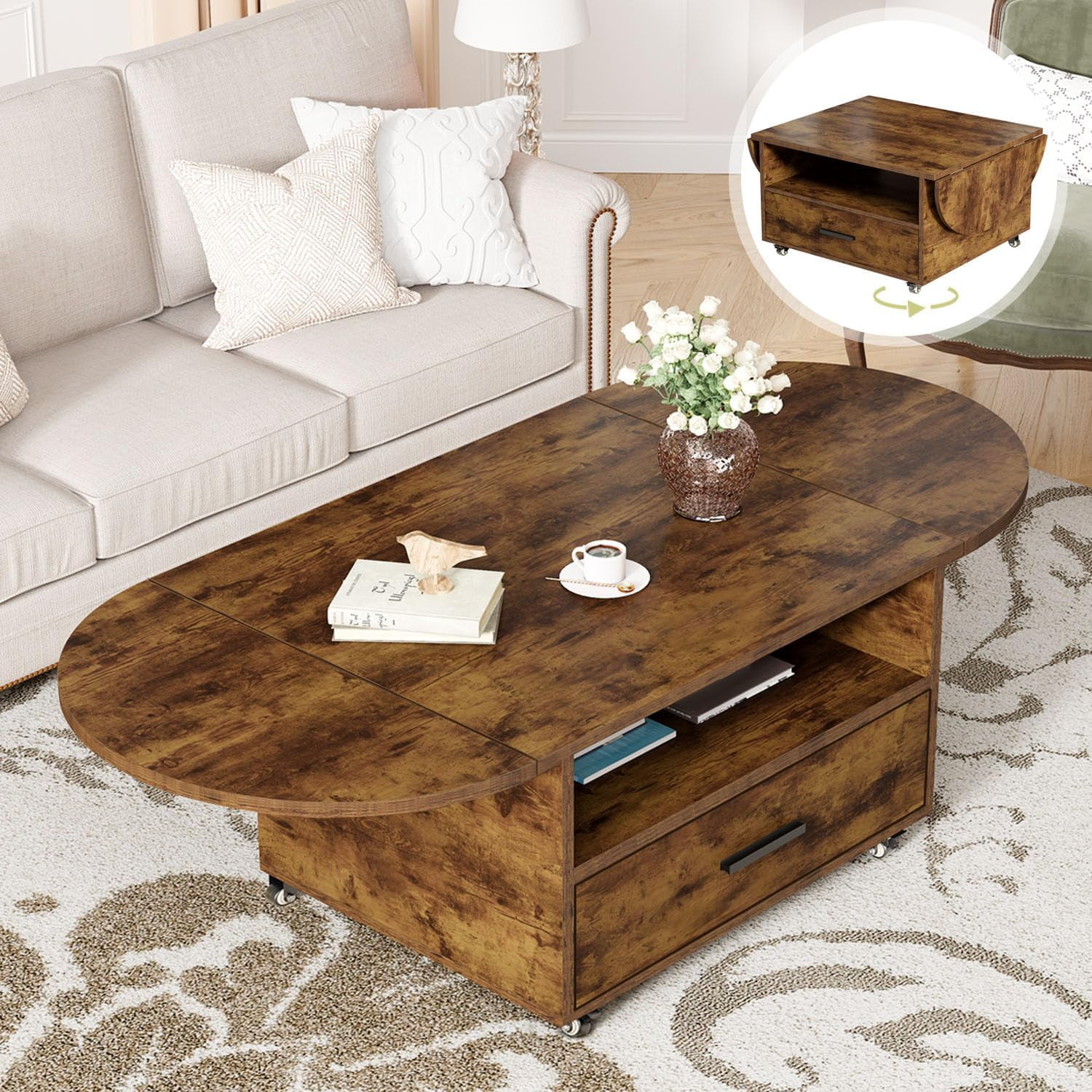 IBF Foldable Coffee Table with Drawer Storage, 47" Wood Oval Living ...