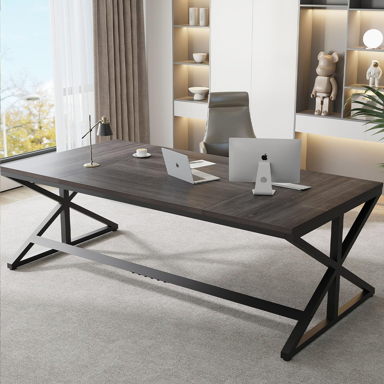 IBF Long Grey Computer Desk, Modern Large Wood Metal Office Desk ...