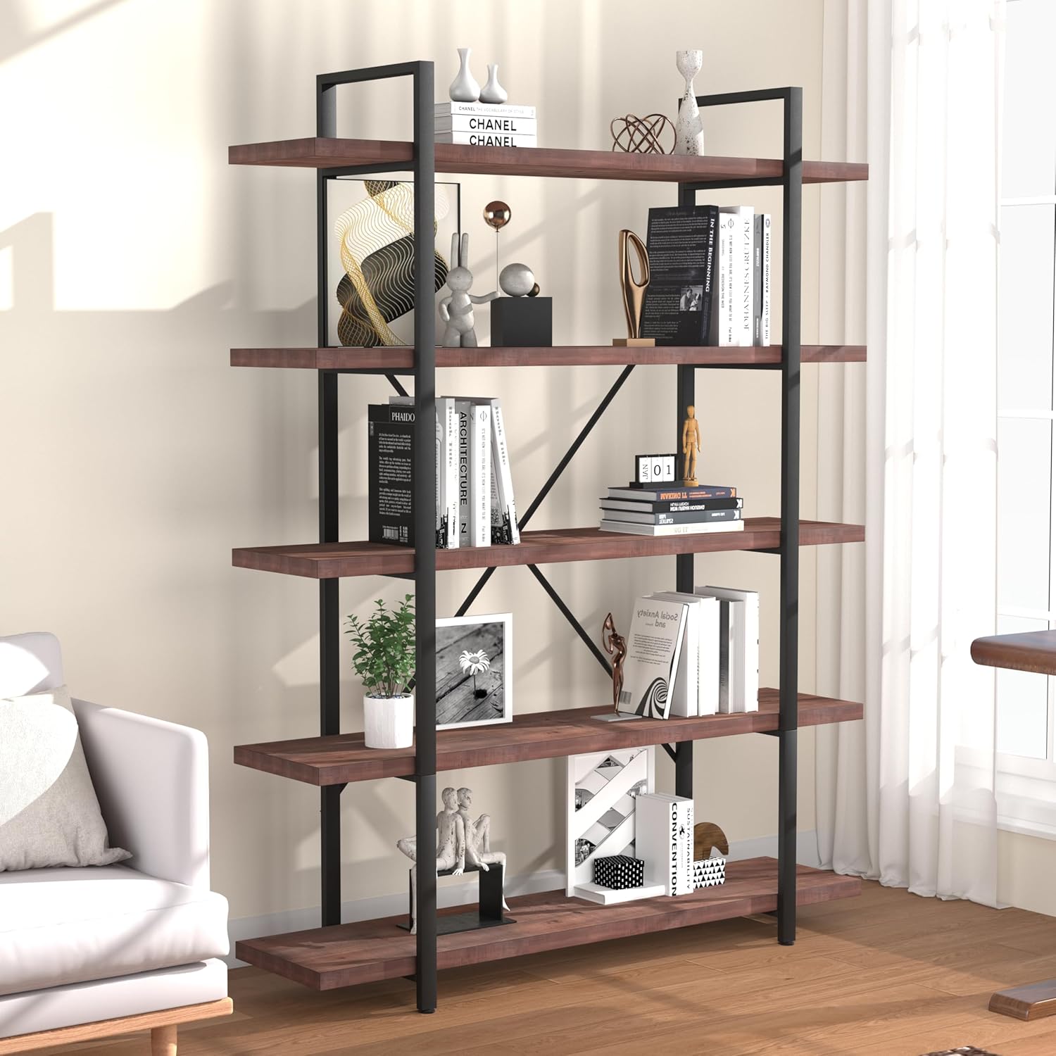 IBF Real Natural Wood 5 Shelf Bookshelf, Industrial Solid Wood Large ...
