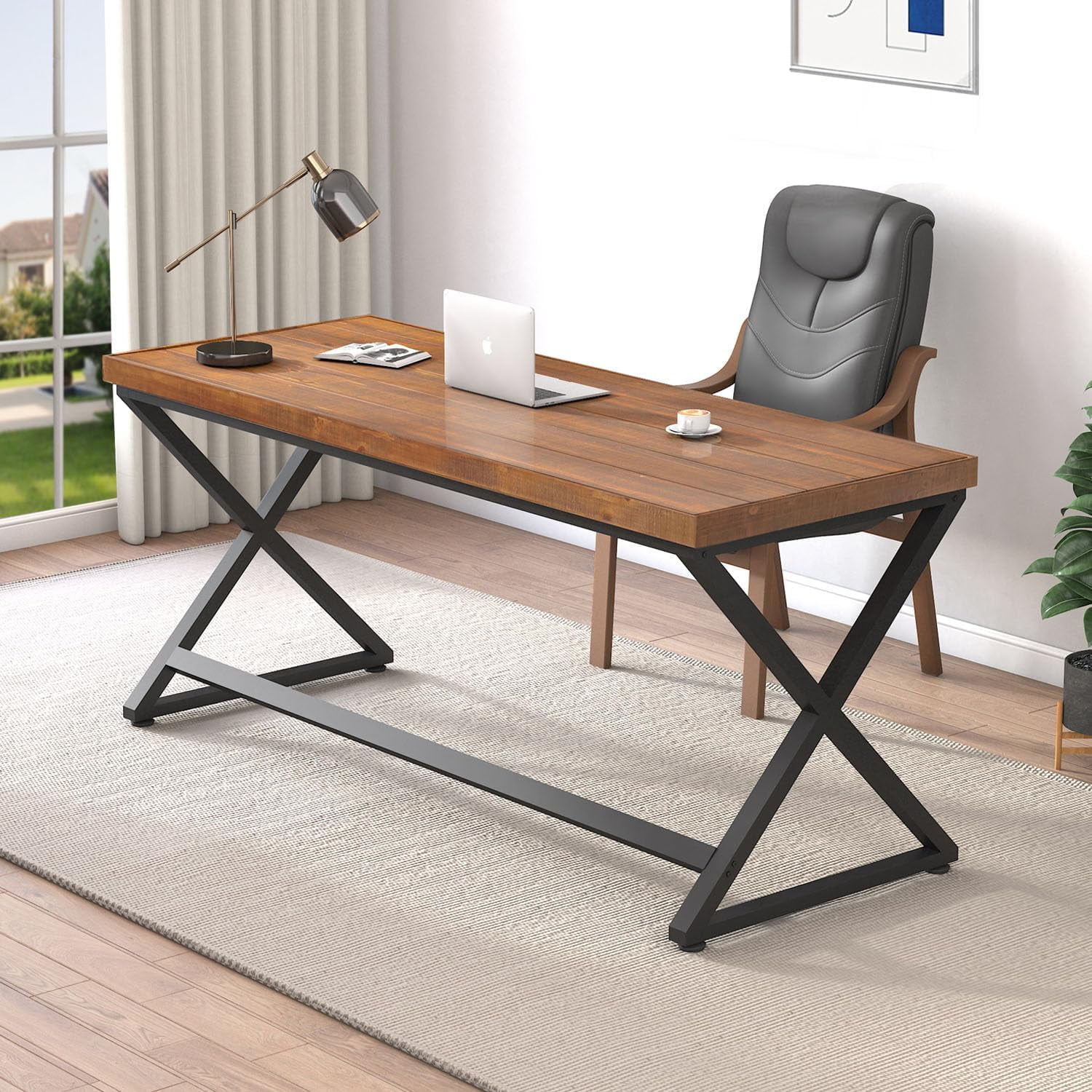 IBF Solid Wood Computer Desk, Rustic 55” Real Wood Home Office Work ...