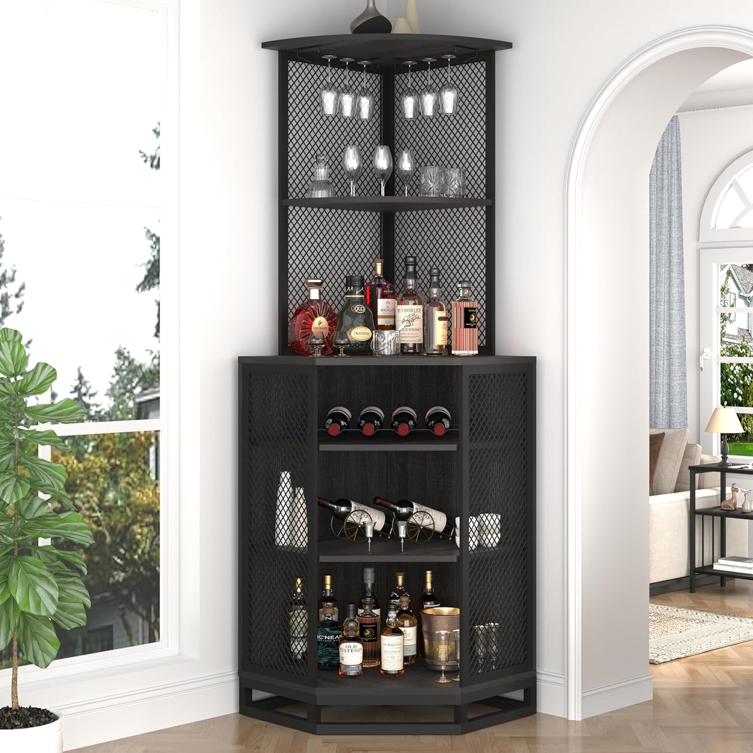 IBF Tall Corner Bar Cabinet, Large Wood and Metal Liquor Cabinet with ...