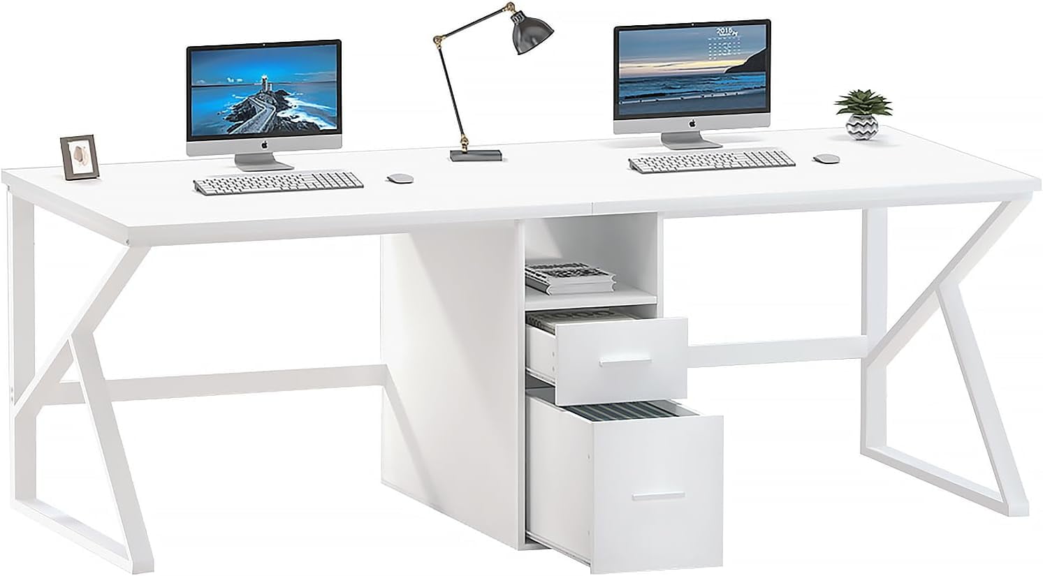 IBF White Two Person Computer Desk, Long Wood Writing Study Desk with ...