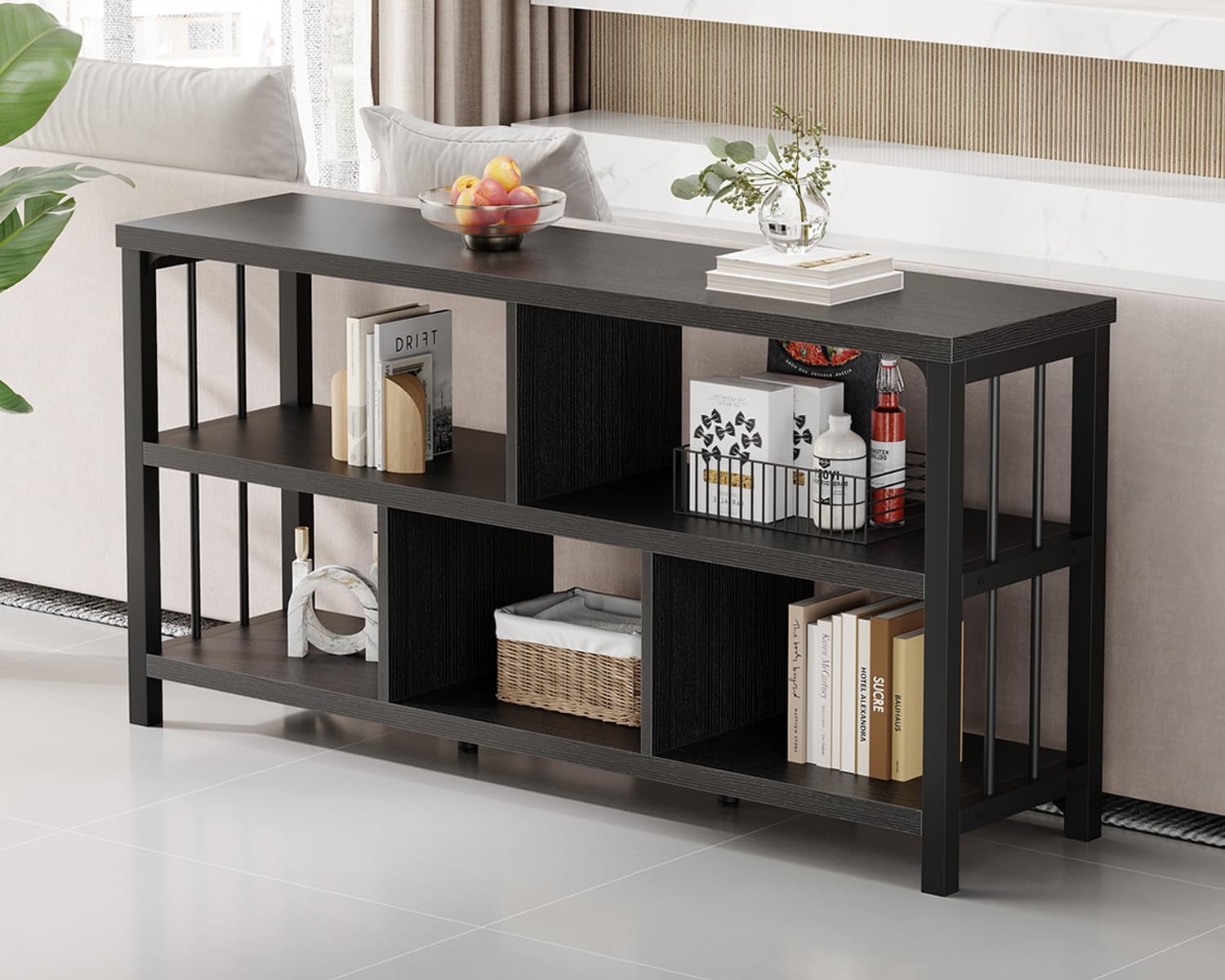 IBF White Wood Bookshelf,Industrial Horizontal Cubby Book Shelf, Low ...