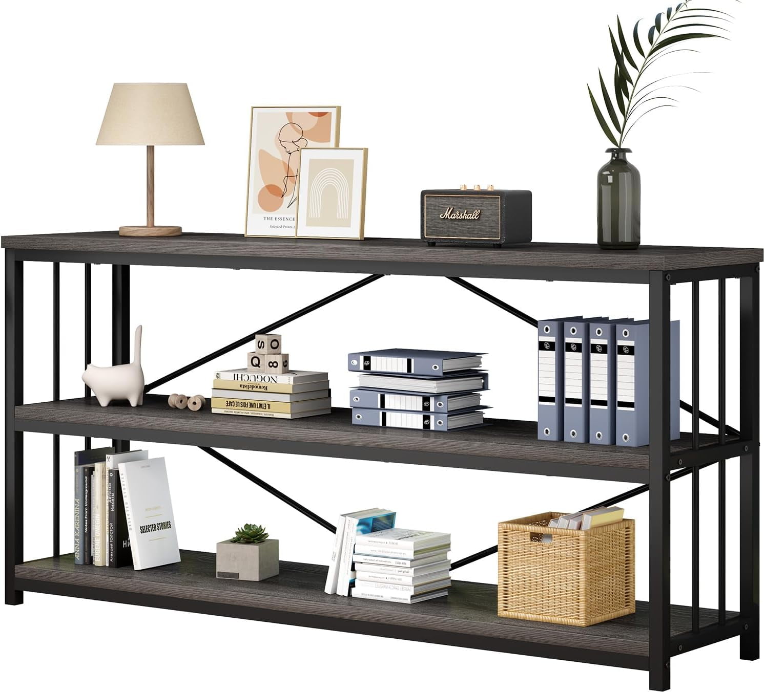 IBF Wood and Metal Book Shelf, Industrial Rustic Low 3 Tier Bookshelf, Farmhouse Long Wide ...